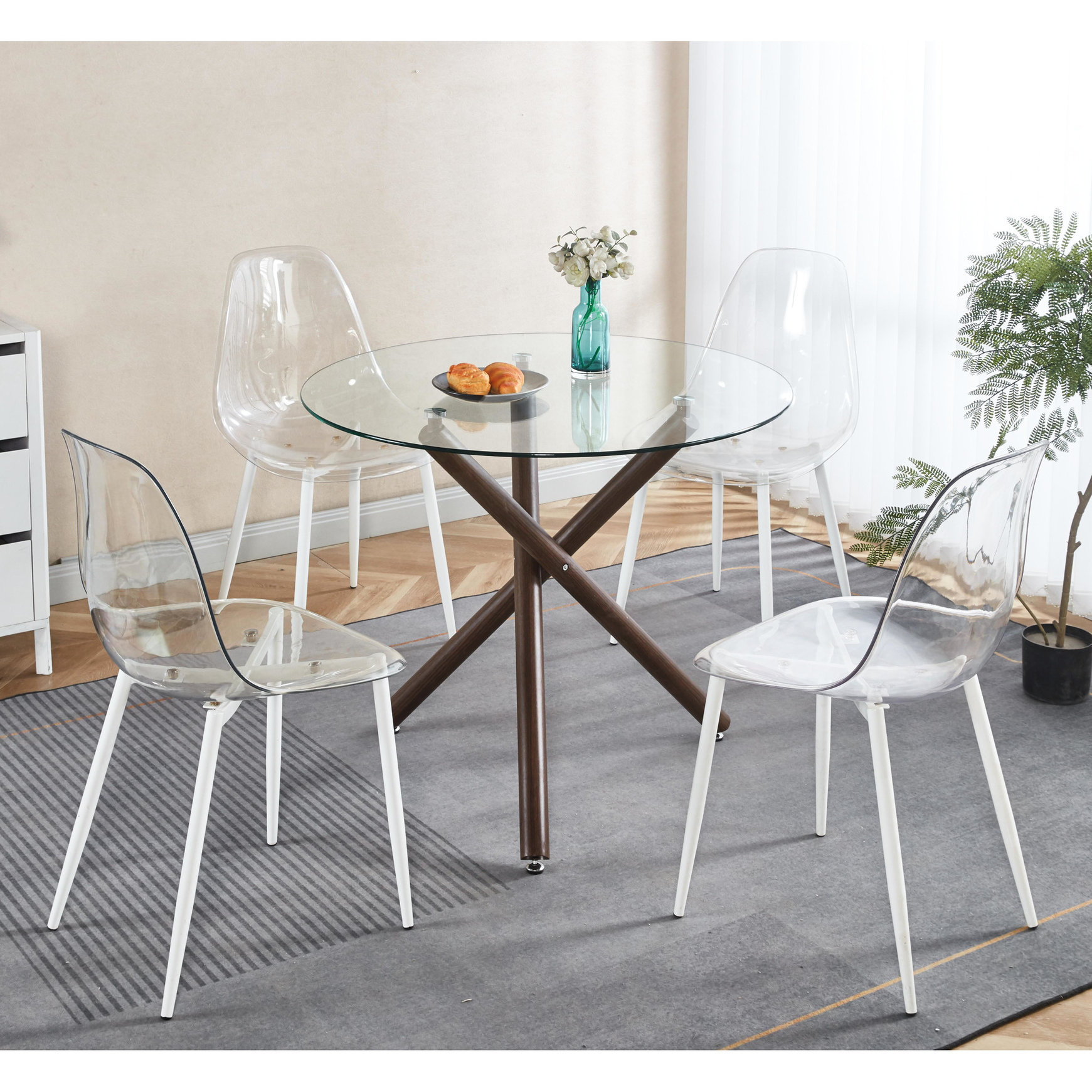 Wrought Studio™ Walnut Color Metal Legged Dining Table With Smooth Tempered Glass Surface Round ...