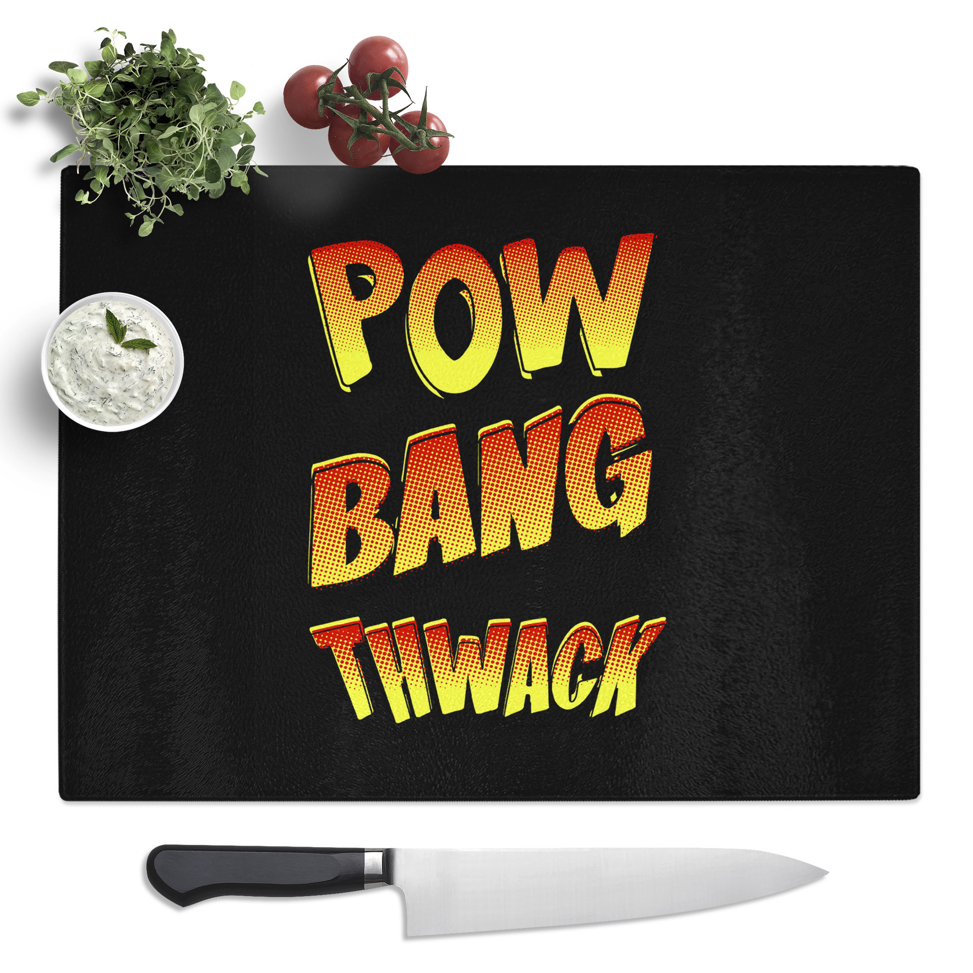 Metro Lane Pow Bang Thwack Typography Quote Glass Chopping Board ...