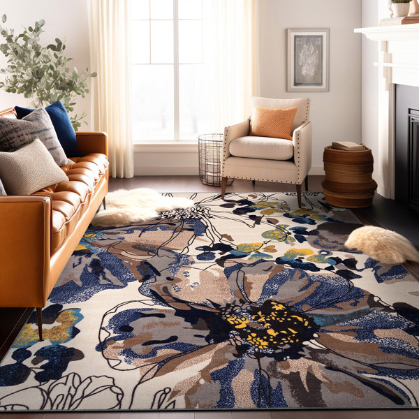 Ebern Designs Dichiera Floral Brown/Navy/Cream Non-Slip Rubberback Area ...