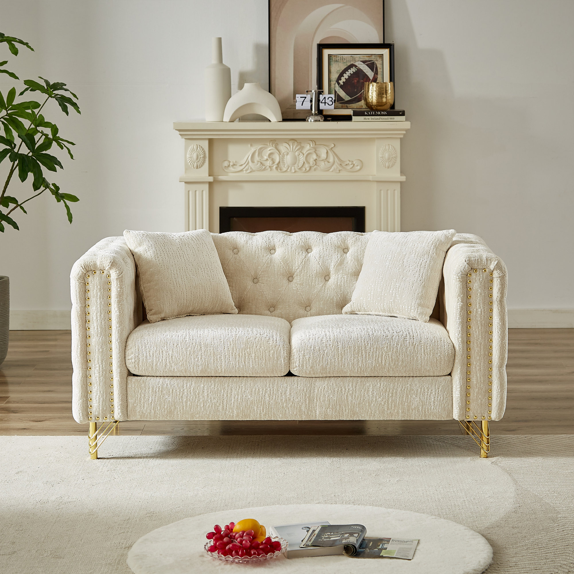 Mercer41 " chenille sofa: modern pull buckle design with tufted buttons ...