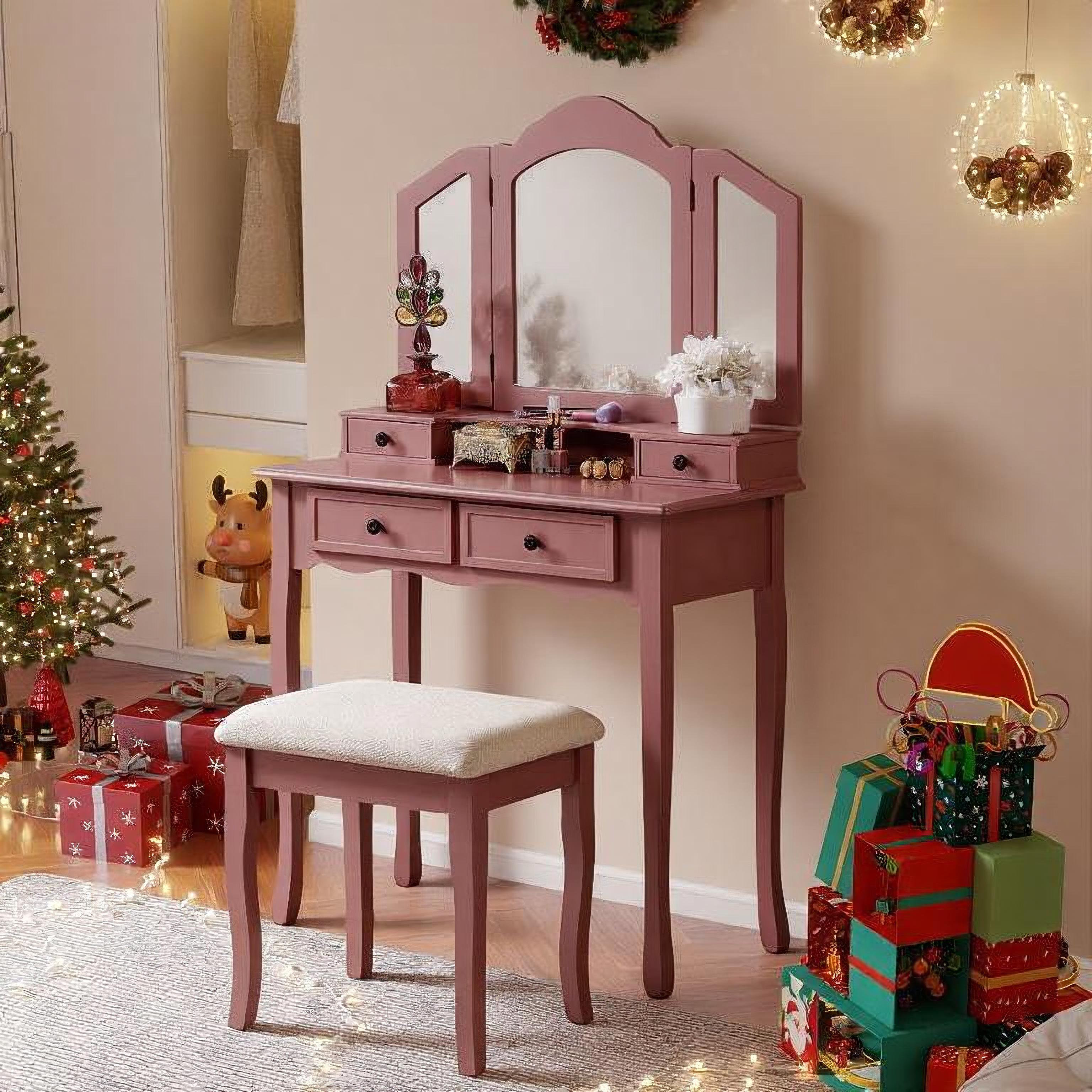 Latitude Run® Wooden Makeup Vanity Table And Stool Set, Rose Gold ...