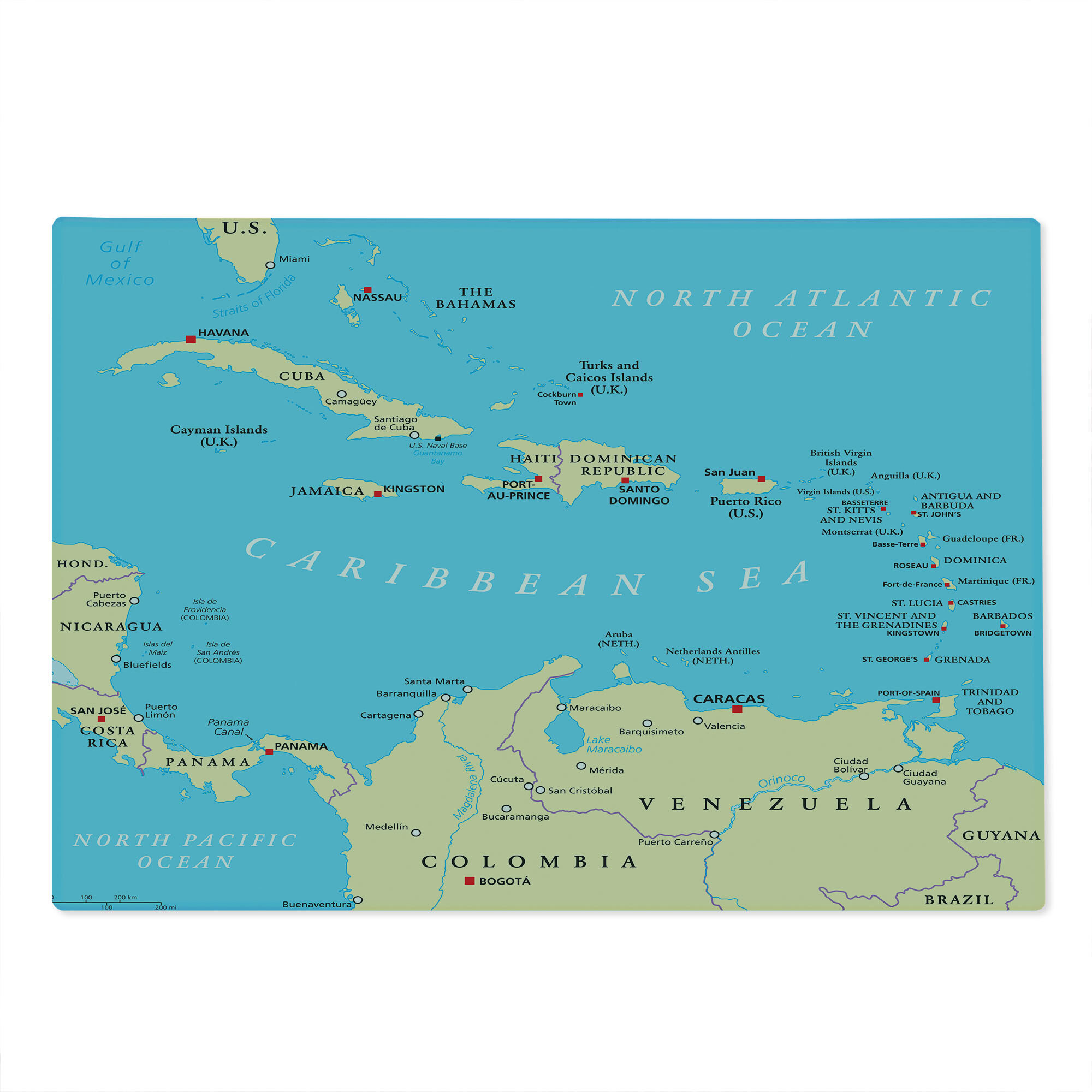 Ambesonne Travel Cutting Board Large Size Caribbean Capitals Map Ivory ...
