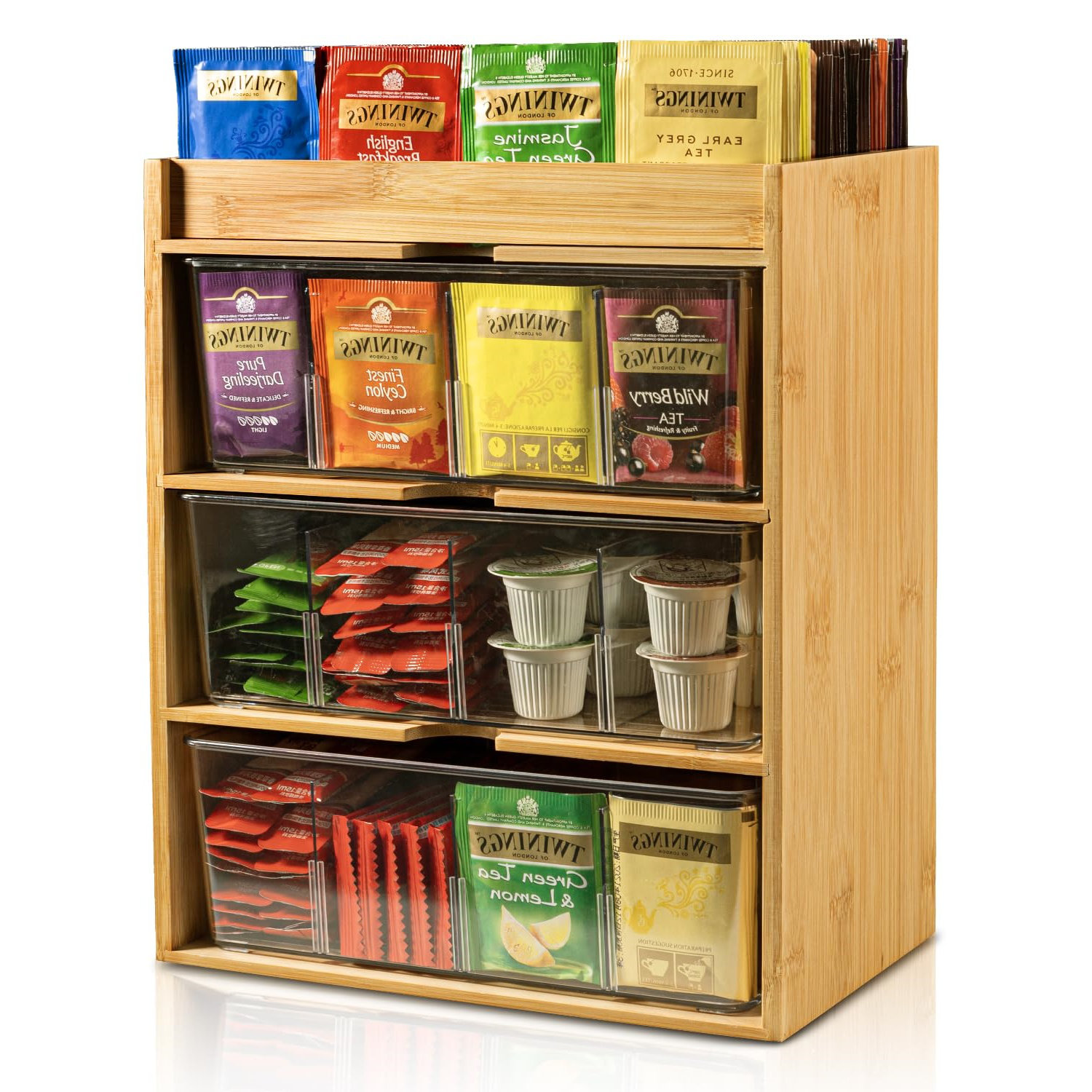 ARMIJU Bamboo Tea Bag Organizer – 3-Layer Tea Storage with Drawer ...