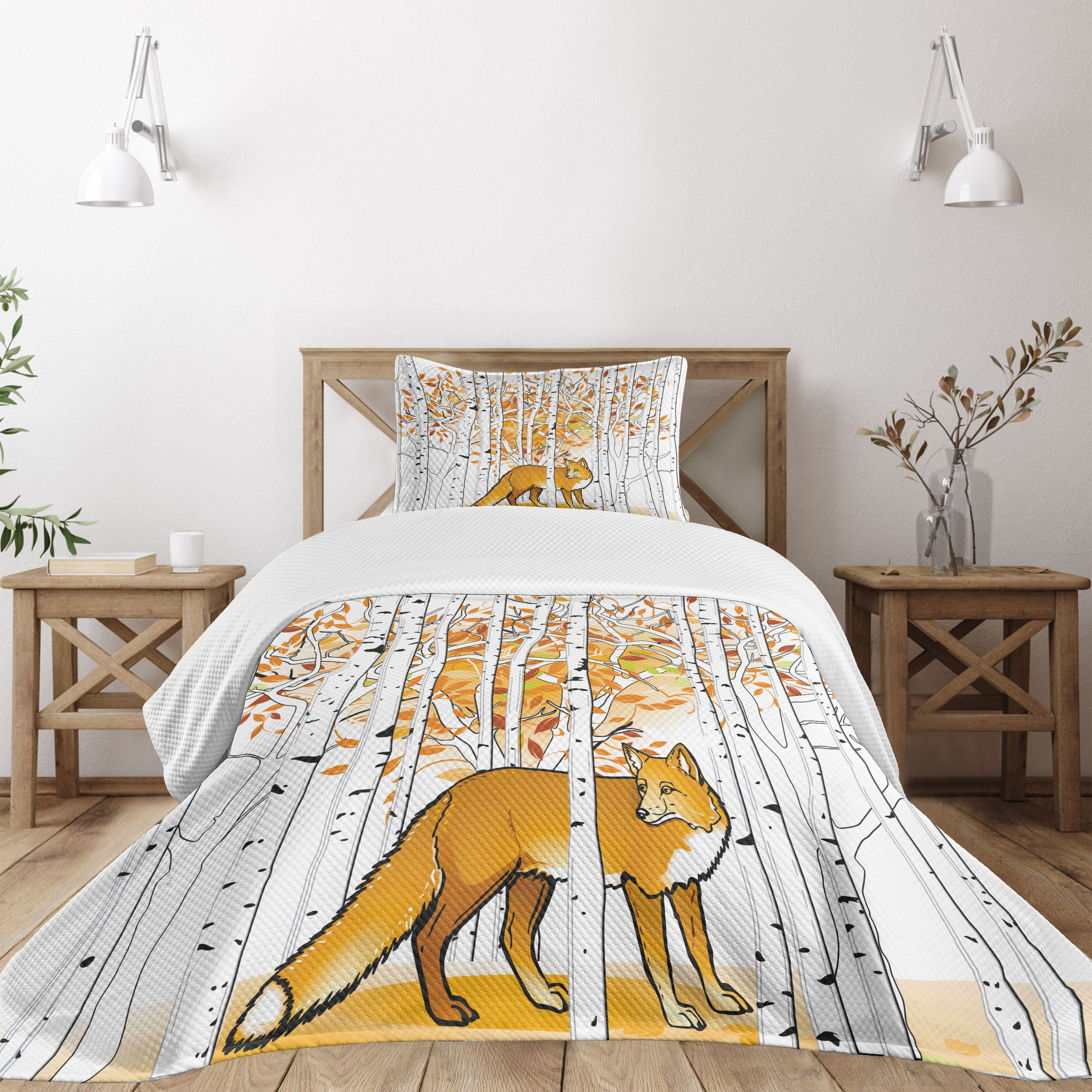 Ambesonne Hunting Bedspread Fox Autumn Forest Orange White Black | Wayfair