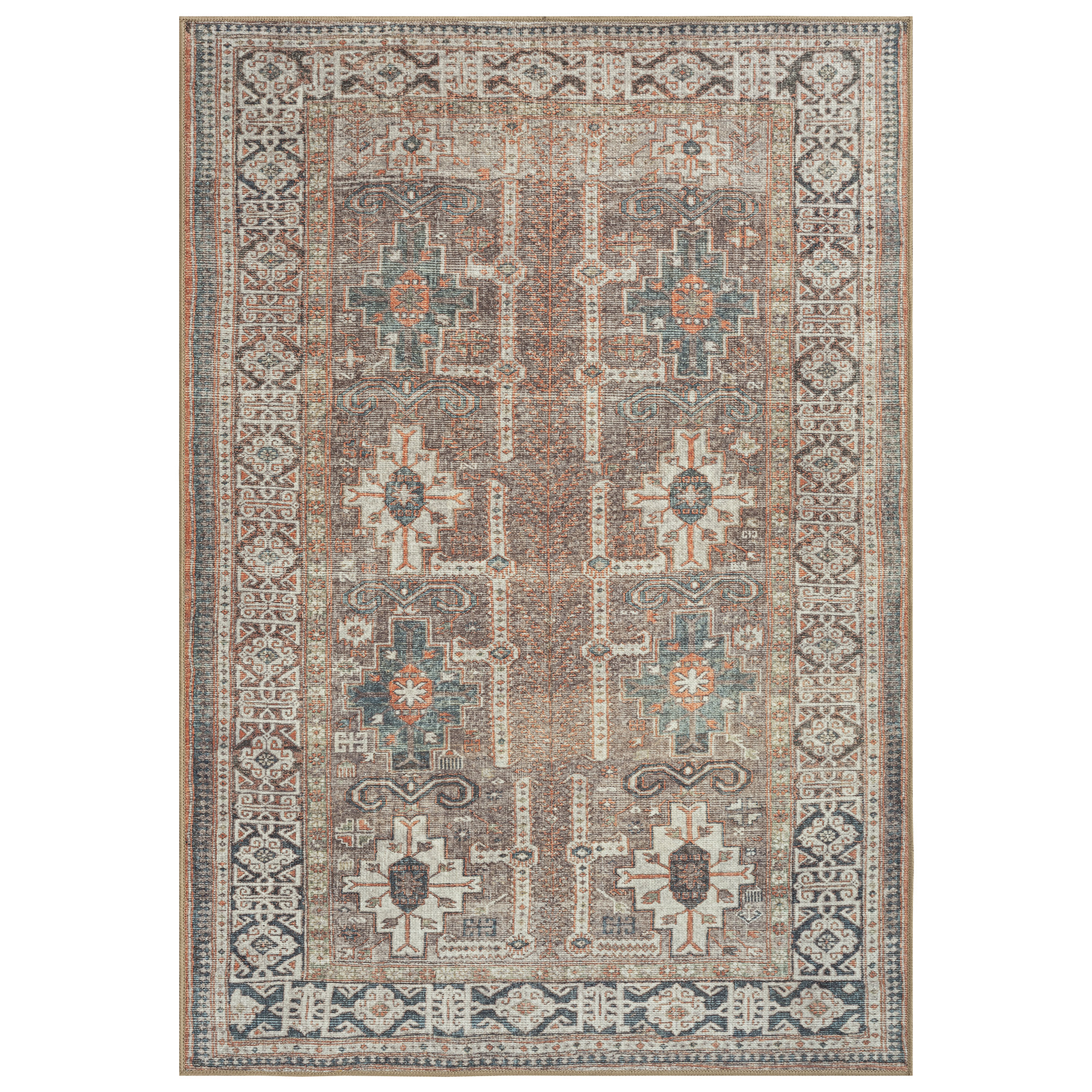 Bungalow Rose Washable Non-Slip Traditional Area Rug - Brown / Blue ...