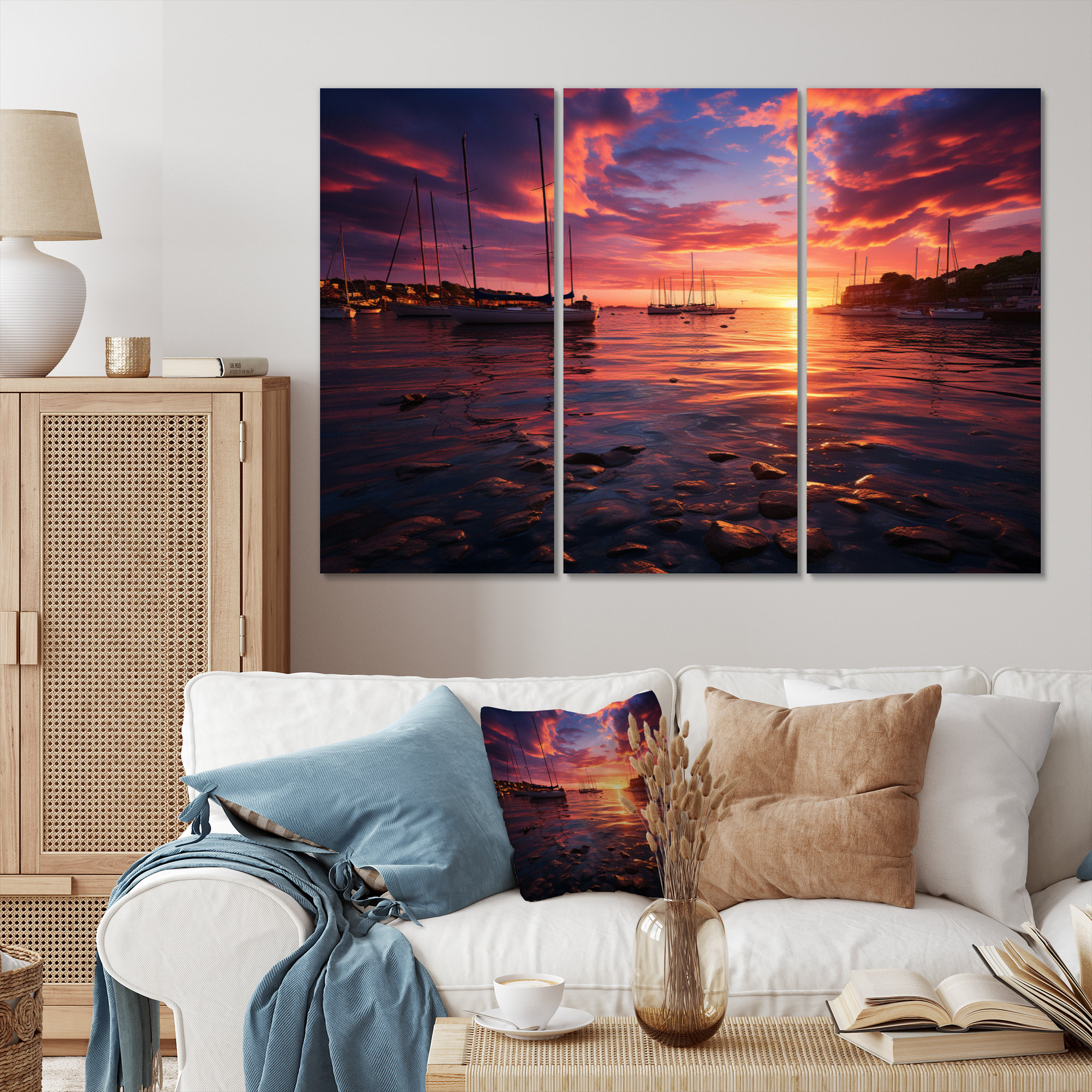 Highland Dunes Germany Sunset Harbor II On Canvas 3 Pieces Print | Wayfair