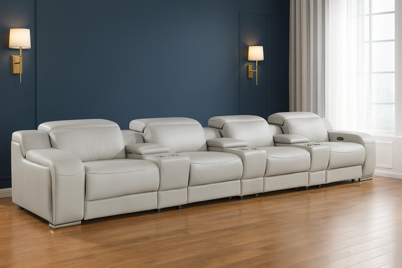 Orren Ellis 169" Light Grey Italian Leather Reclining USB Sofa ...