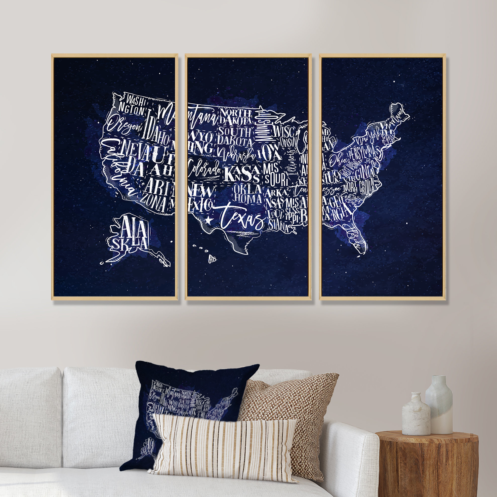 17 Stories United States Blue Vintage Map - Maps Framed Canvas Wall Art ...