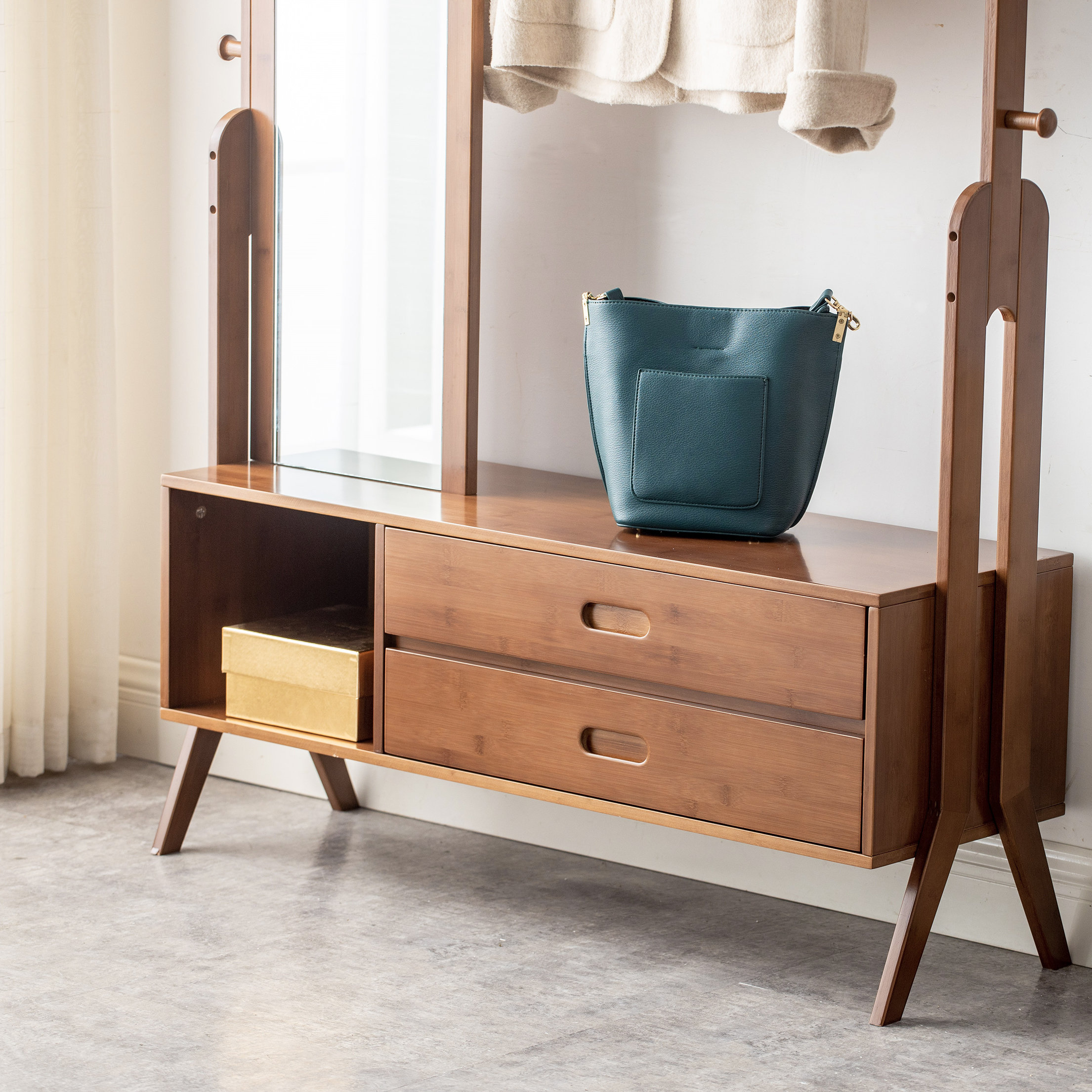 Rebrilliant Bamboo Entryway Bench Coat Rack With Full Mirror, Seat ...