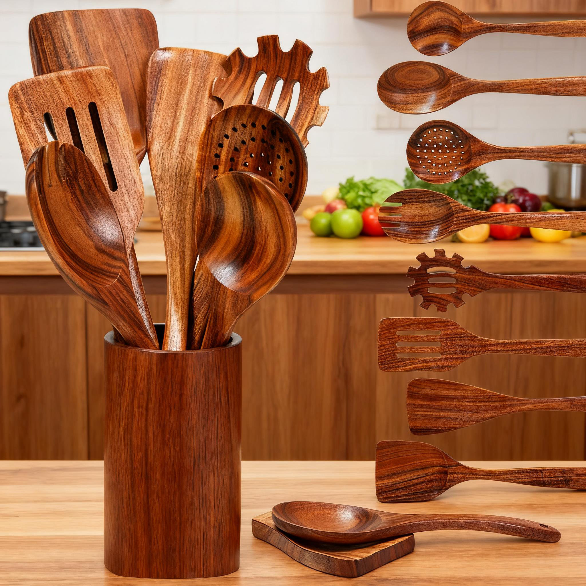 Xiangong 10-Piece Teak Wooden Utensil Set For Cooking With Holder ...