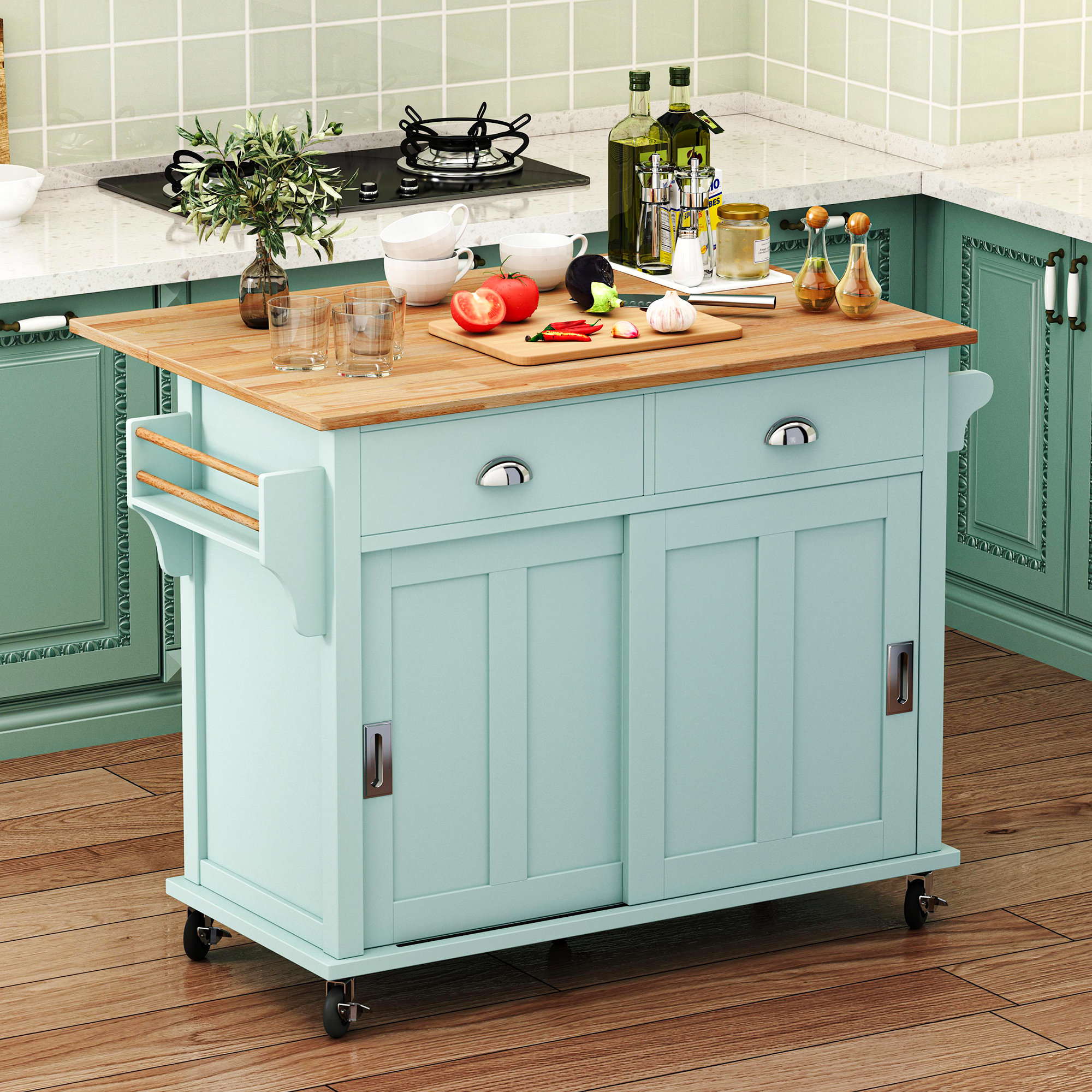 Red Barrel Studio® Bijander Kitchen Island Kitchen Cart with Solid Wood ...