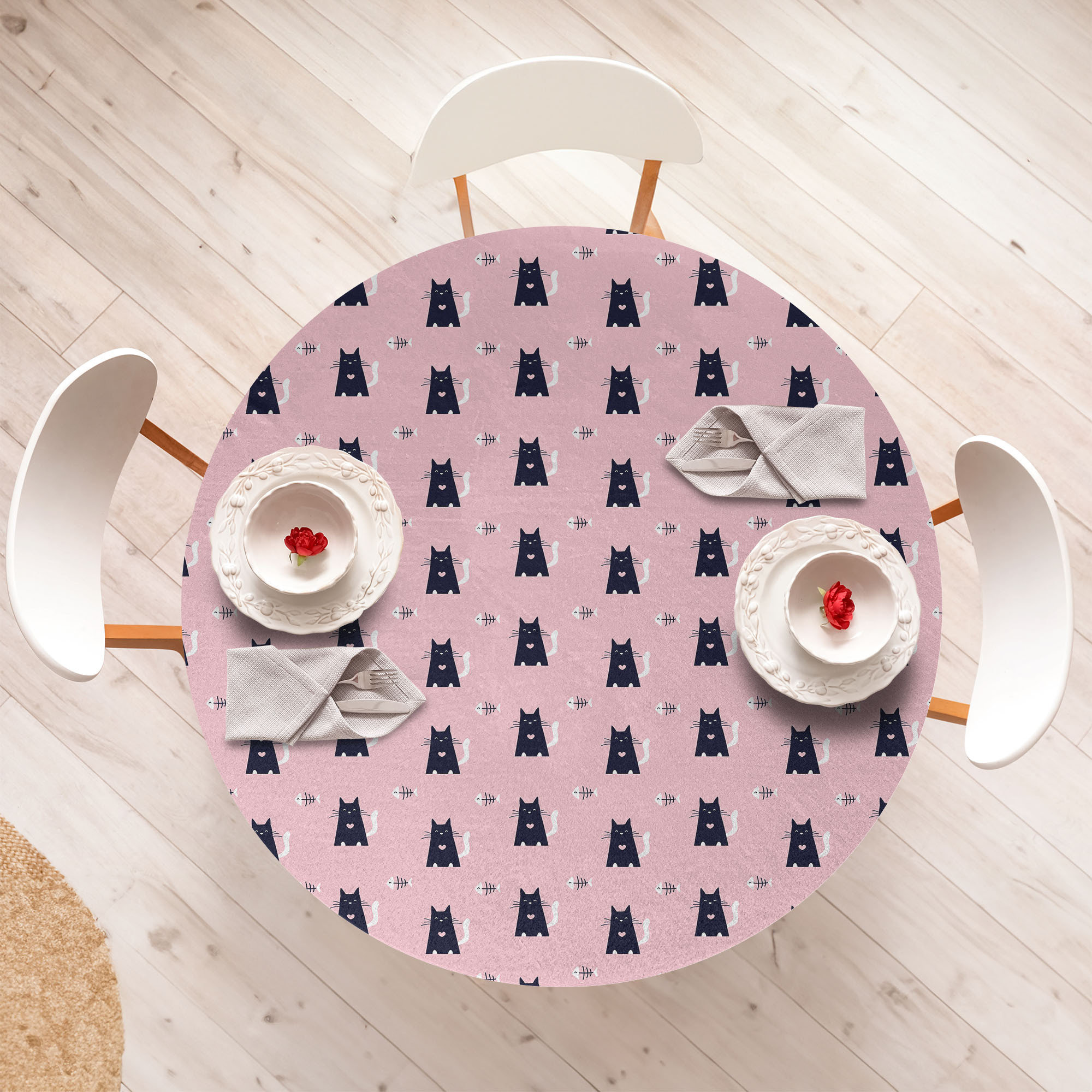 Union Rustic Cat Fitted Round Tablecloth Pale Pink and Dark Night Blue ...