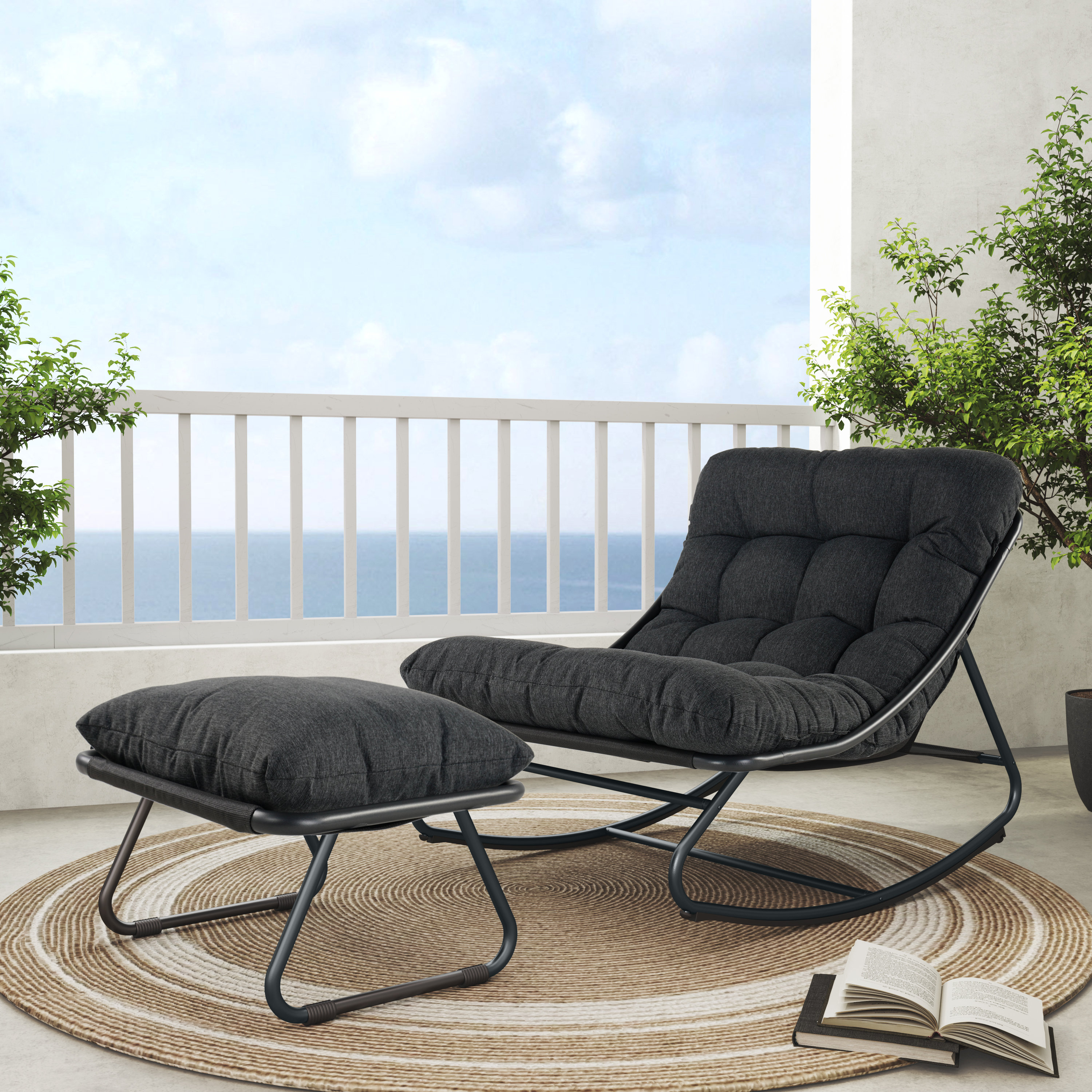 Wade Logan Caili Outdoor Steel Sling Rocking Chair Set With Ottoman ...