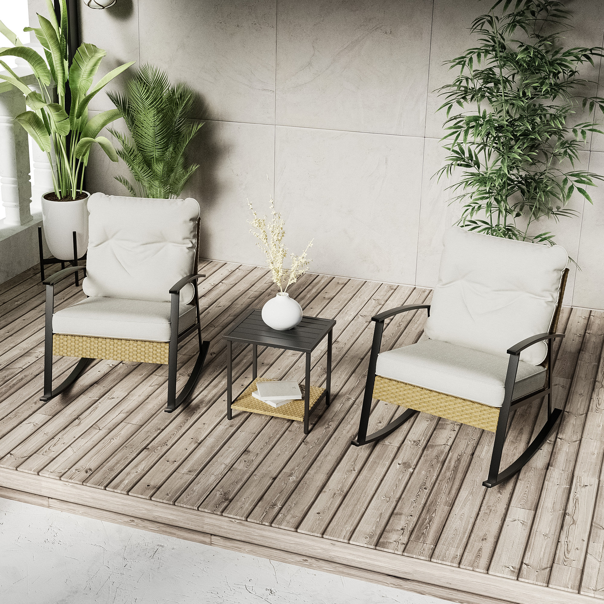 Ebern Designs 3 Piece Seating Group Rocking Chair with Cushions and ...