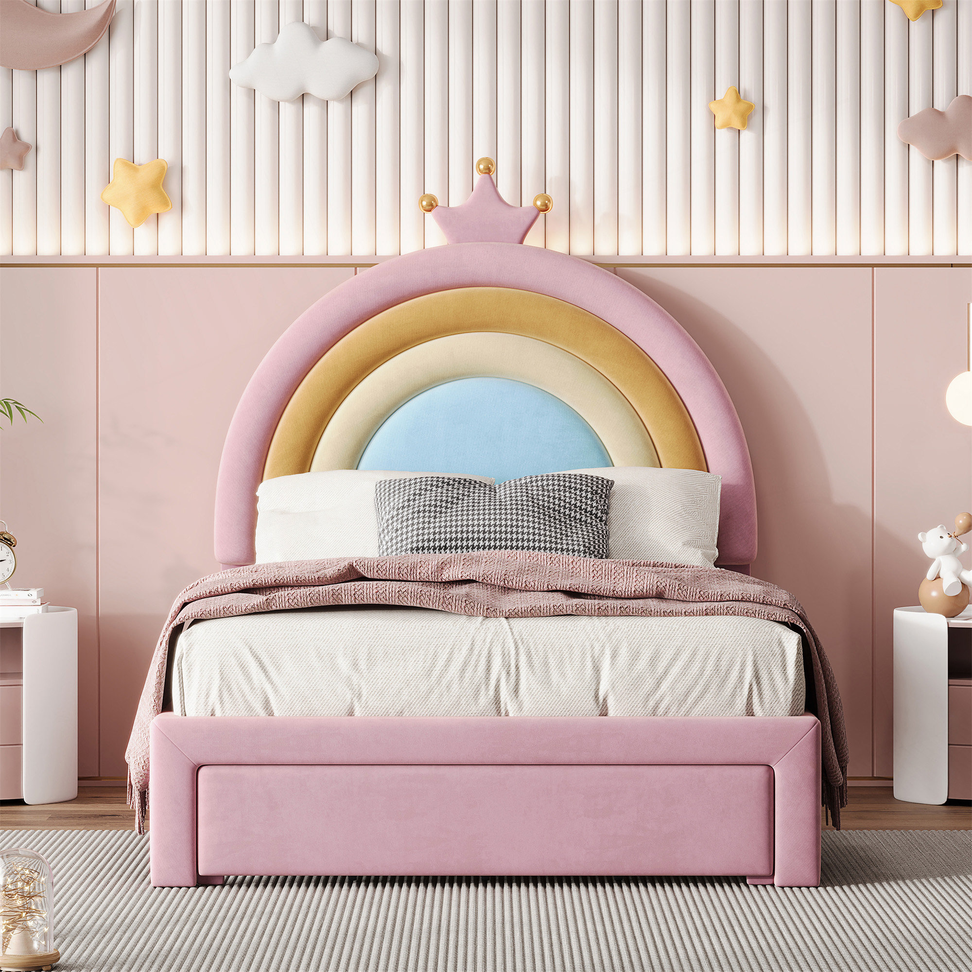 Mercer41 Twin Upholstered Rainbow Velvet Bed With Storage Drawer And ...