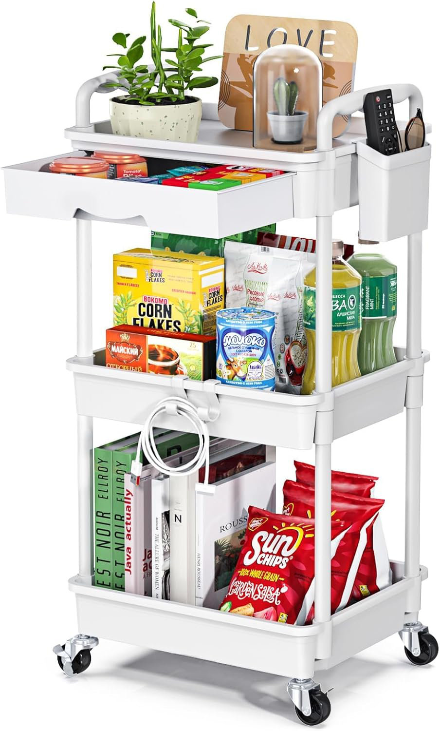 SUNALLY 3 Tier Rolling Cart with Drawer & Lockable Wheels, Plastic ...