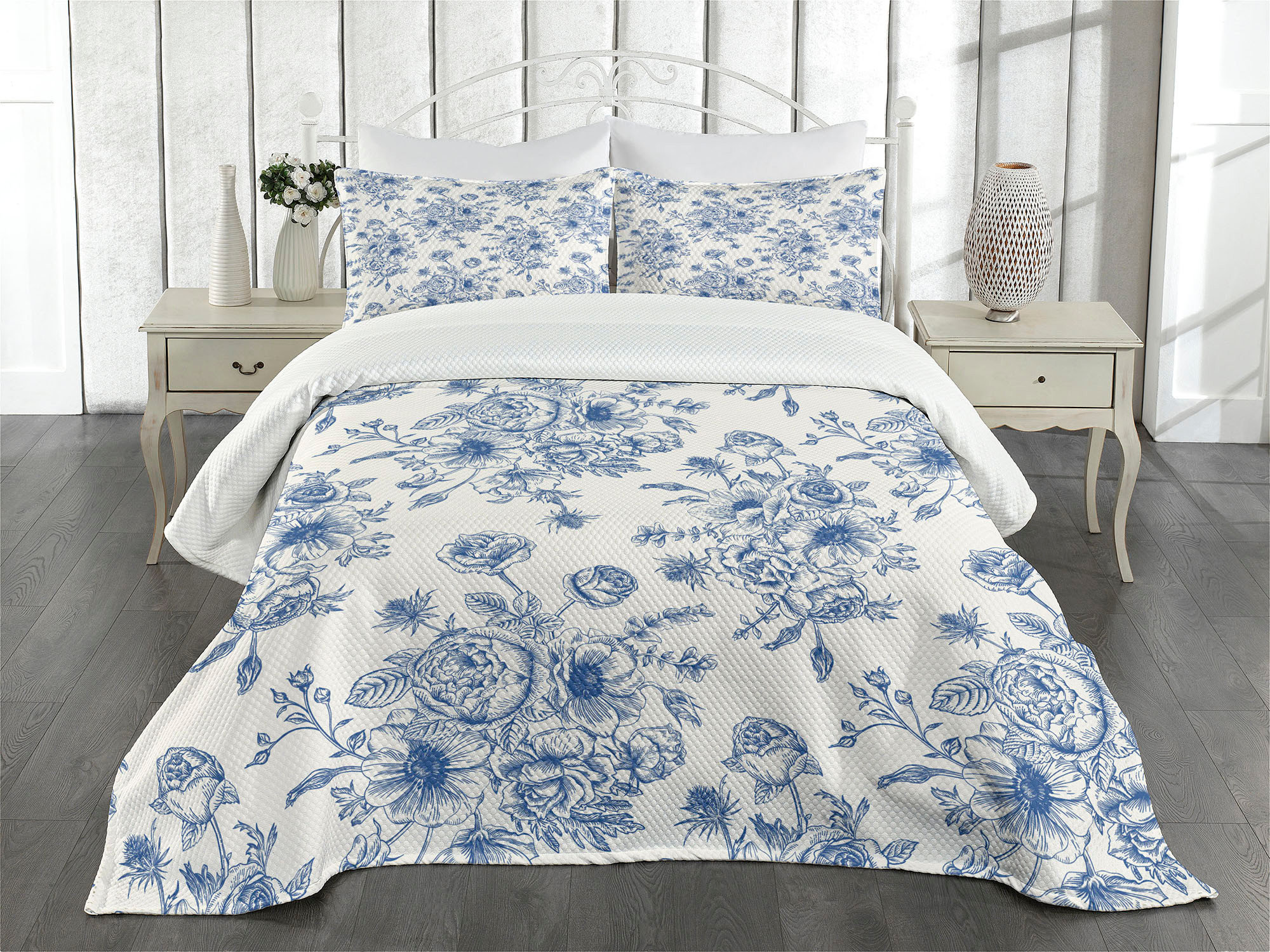 Ambesonne Anemone Flower Bedspread Set Blue Floral Corsage Night Blue ...