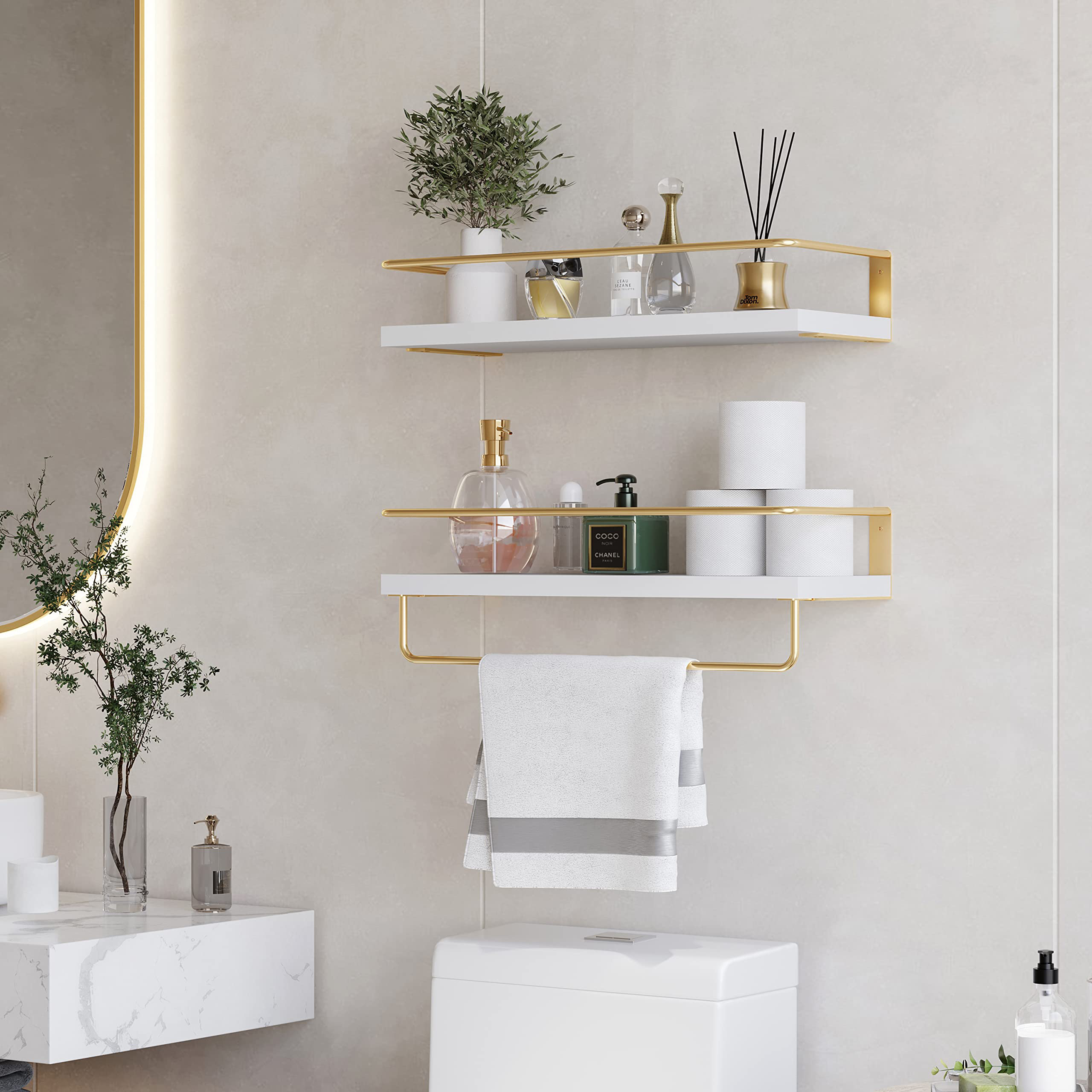 Mercer41 Two Sets Of White Floating Shelves With Gold Towel Racks ...
