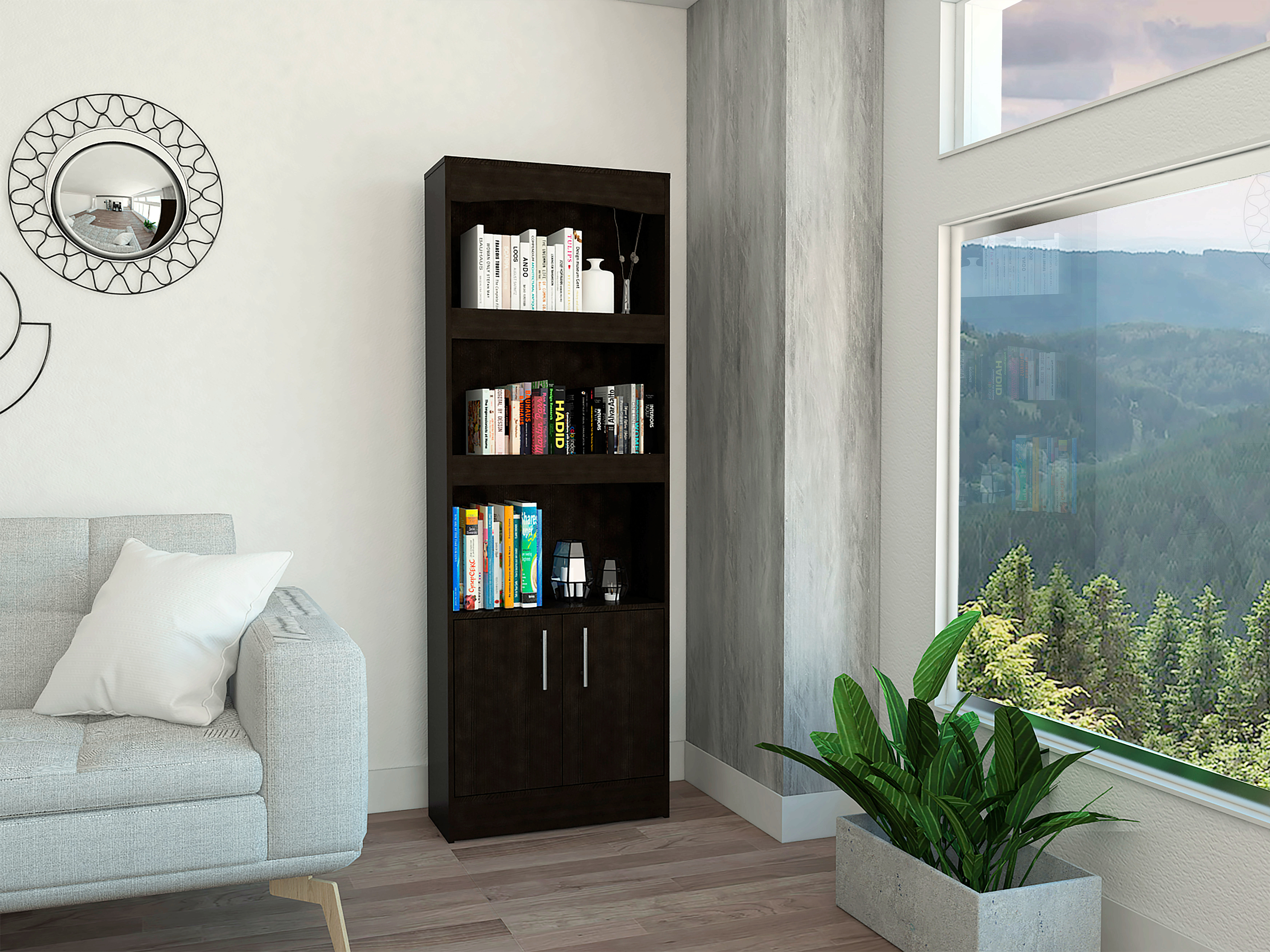 Ivy Bronx Bookcase, Metal Hardware, Three Shelves, Double Door Cabinet ...