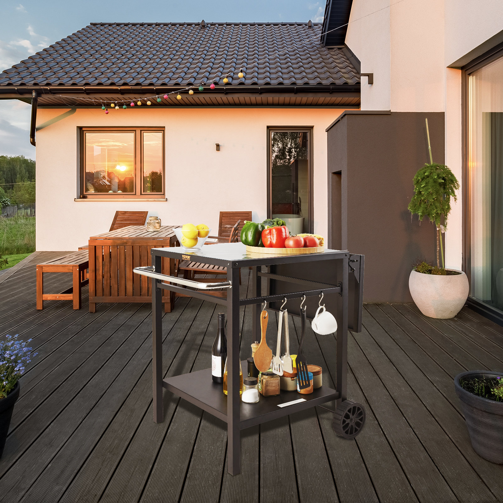 Ebern Designs Outdoor Grill Dining Cart Double-Shelf BBQ Movable Food ...