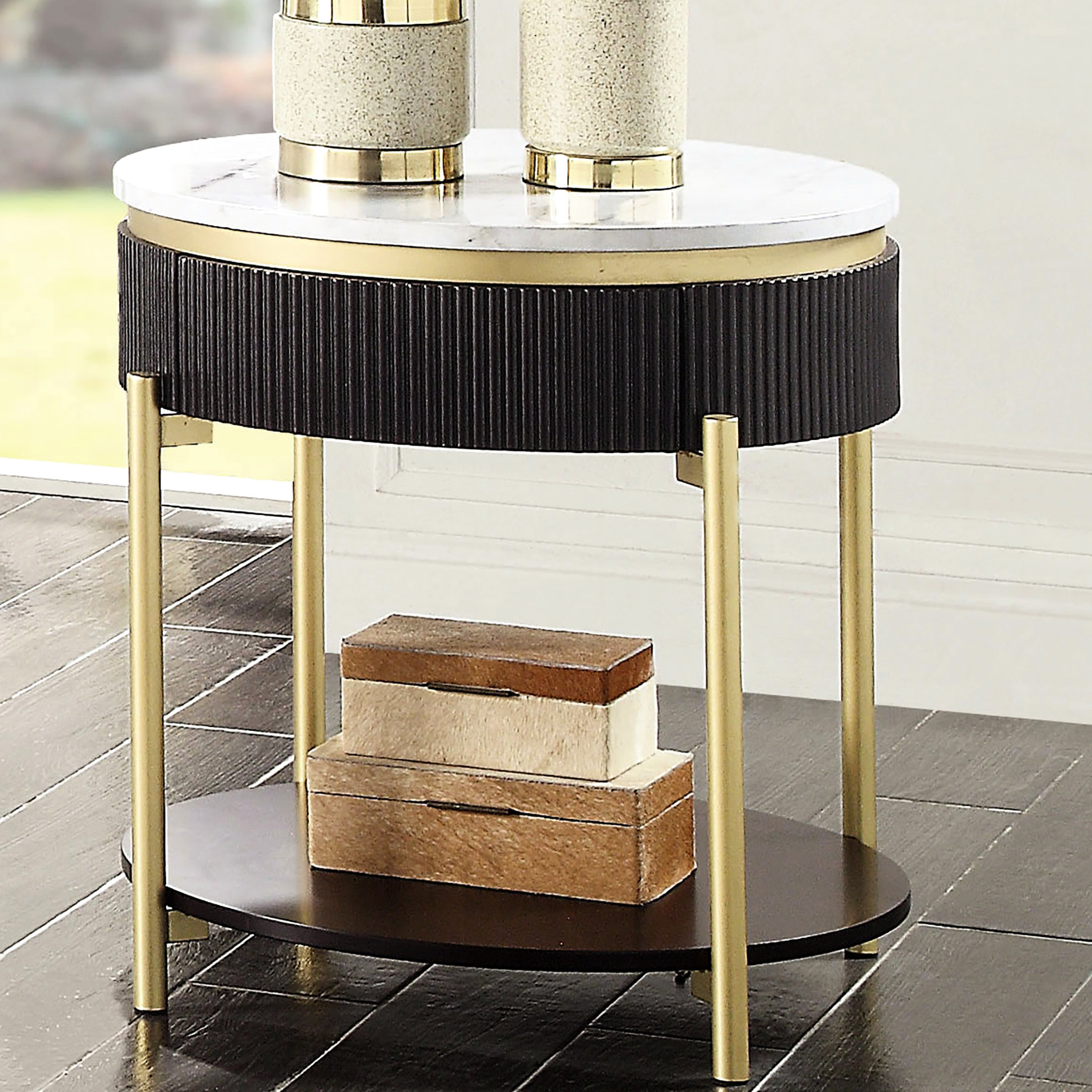 Latitude Run® Modern End Table With Dark Walnut Finish And White Faux ...