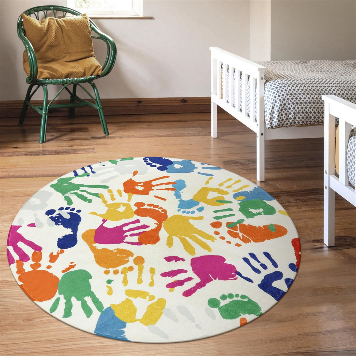Trinx Colorful Round Rug , 4'x4' Handprints And Footprints Circle Rug ...