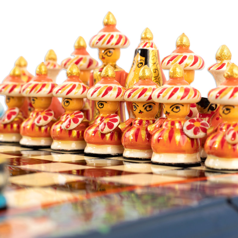 World Menagerie Crader Blue Bukhara Folklore Wood Chess Set | Wayfair