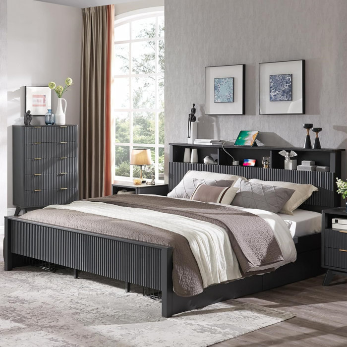 Red Barrel Studio® Alteo Fluted Panel Bed Frame With Charging Station ...