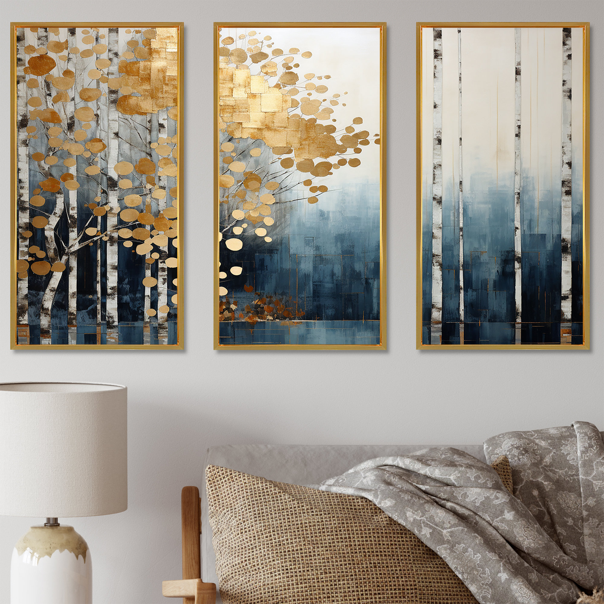 Design Art Minimalism Blue And Gold Forest - Forest Wall Art Living ...