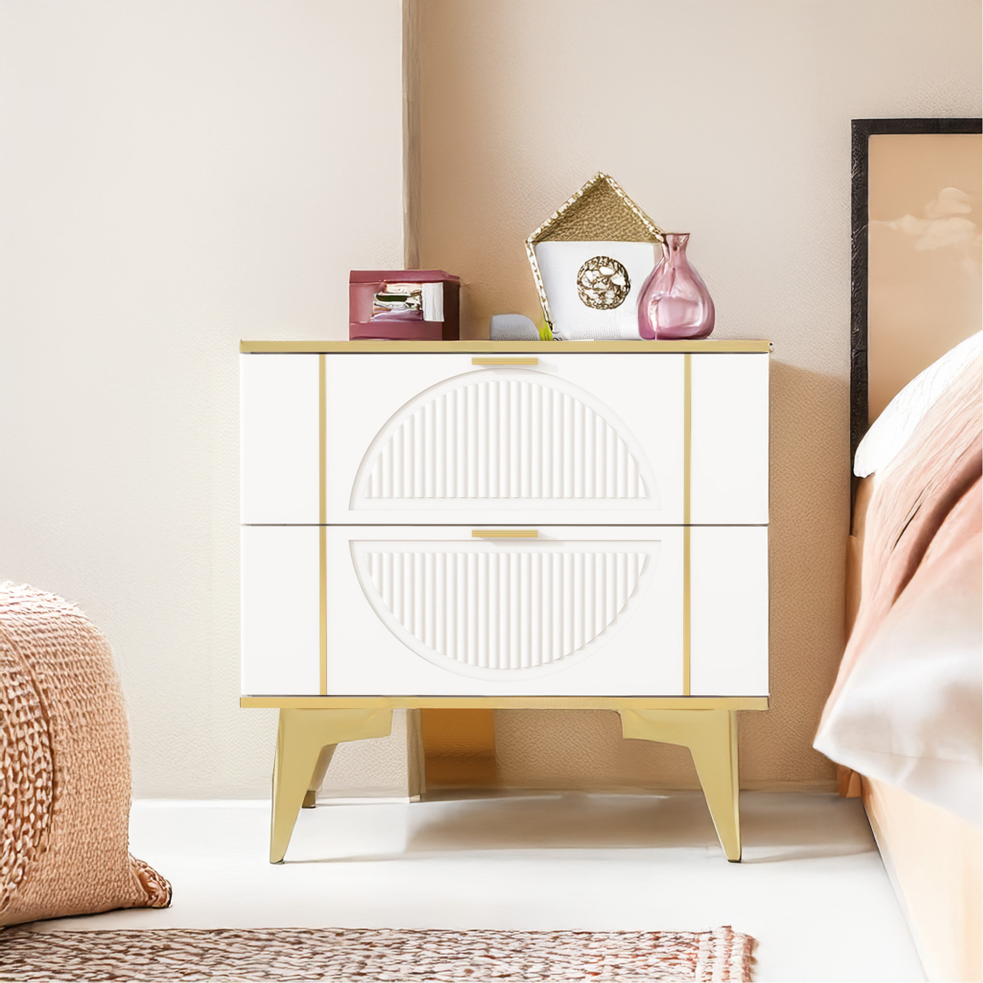 Mercer41 Two Pack White 2 Drawer Round Card Gold Bar Blister Nightstand ...