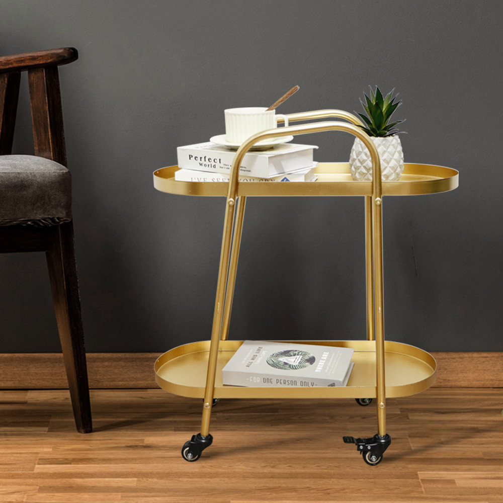 Mercer41 26" H Round Gold 2-Tier Rolling Bar Cart with Wheels | Wayfair