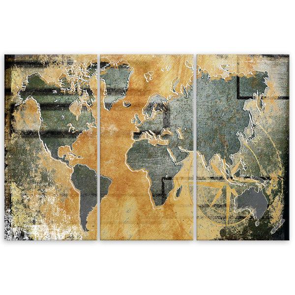 Williston Forge Retro World Map - 3 Piece Wrapped Canvas Print ...