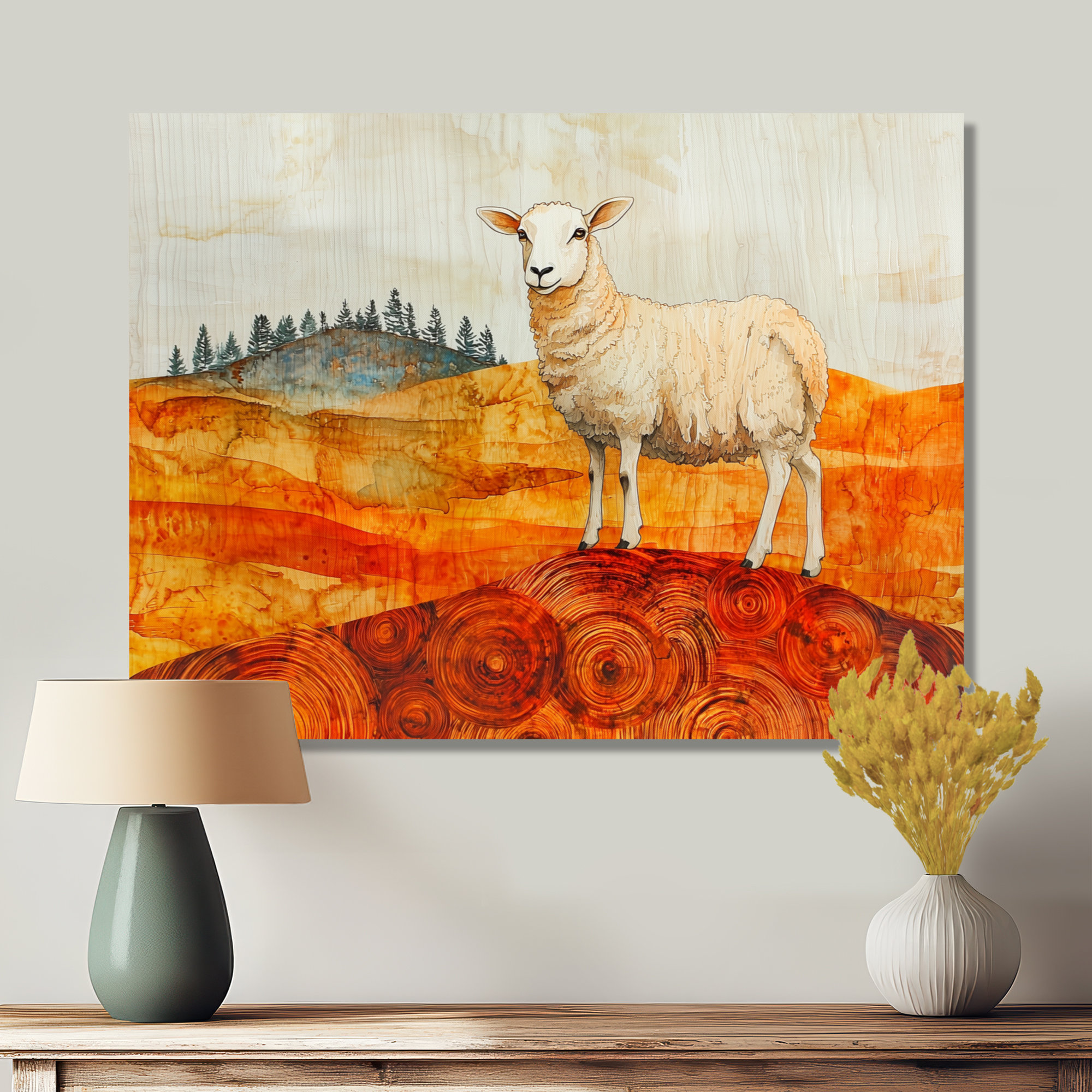 August Grove® Donyan Autumn Colors Of Sheep In Farm Landscape - Sheep Wall Art Decor | Wayfair