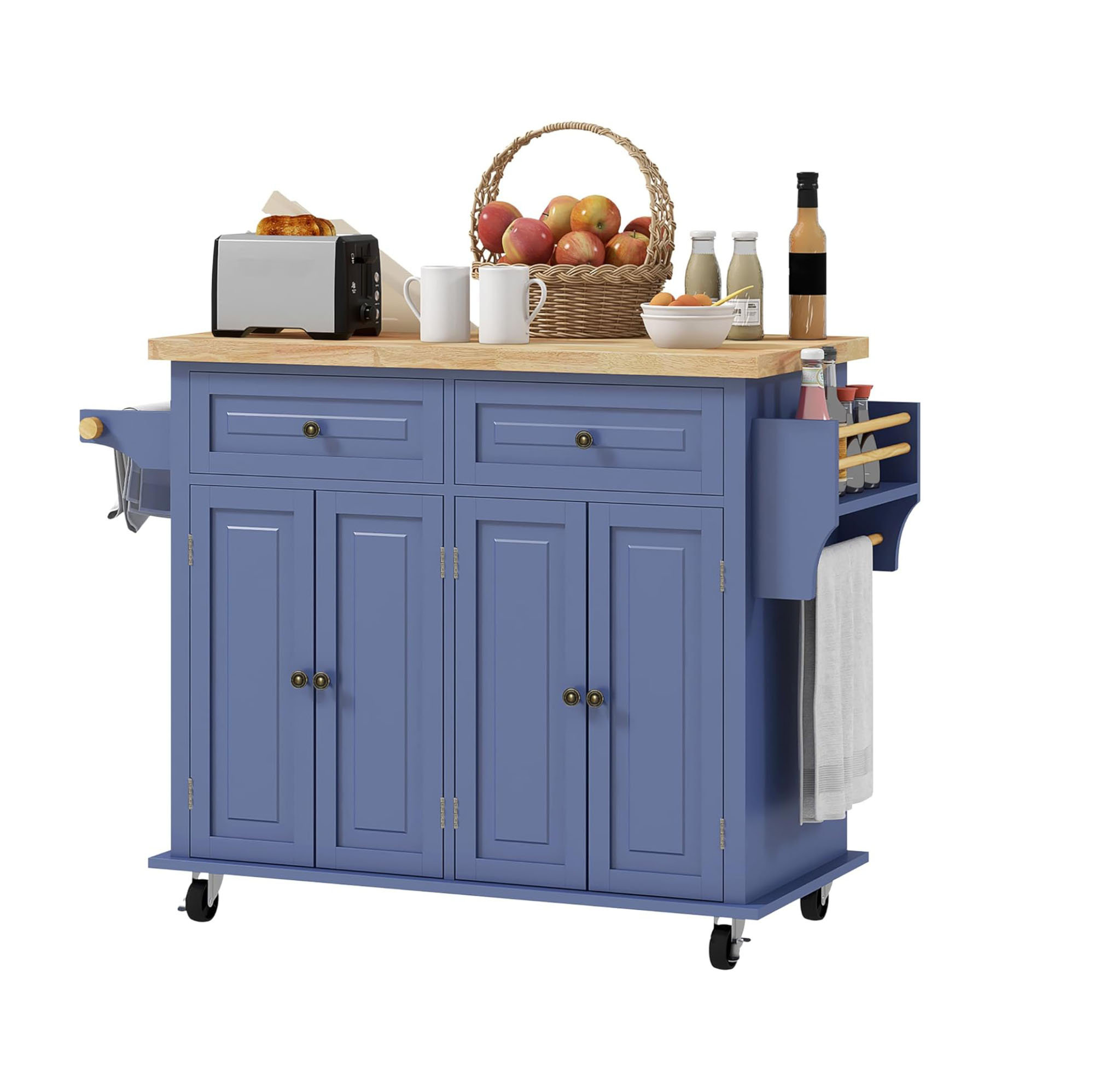 Latitude Run® Kitchen Island Cart With Rubber Wood Top, Rolling Kitchen ...