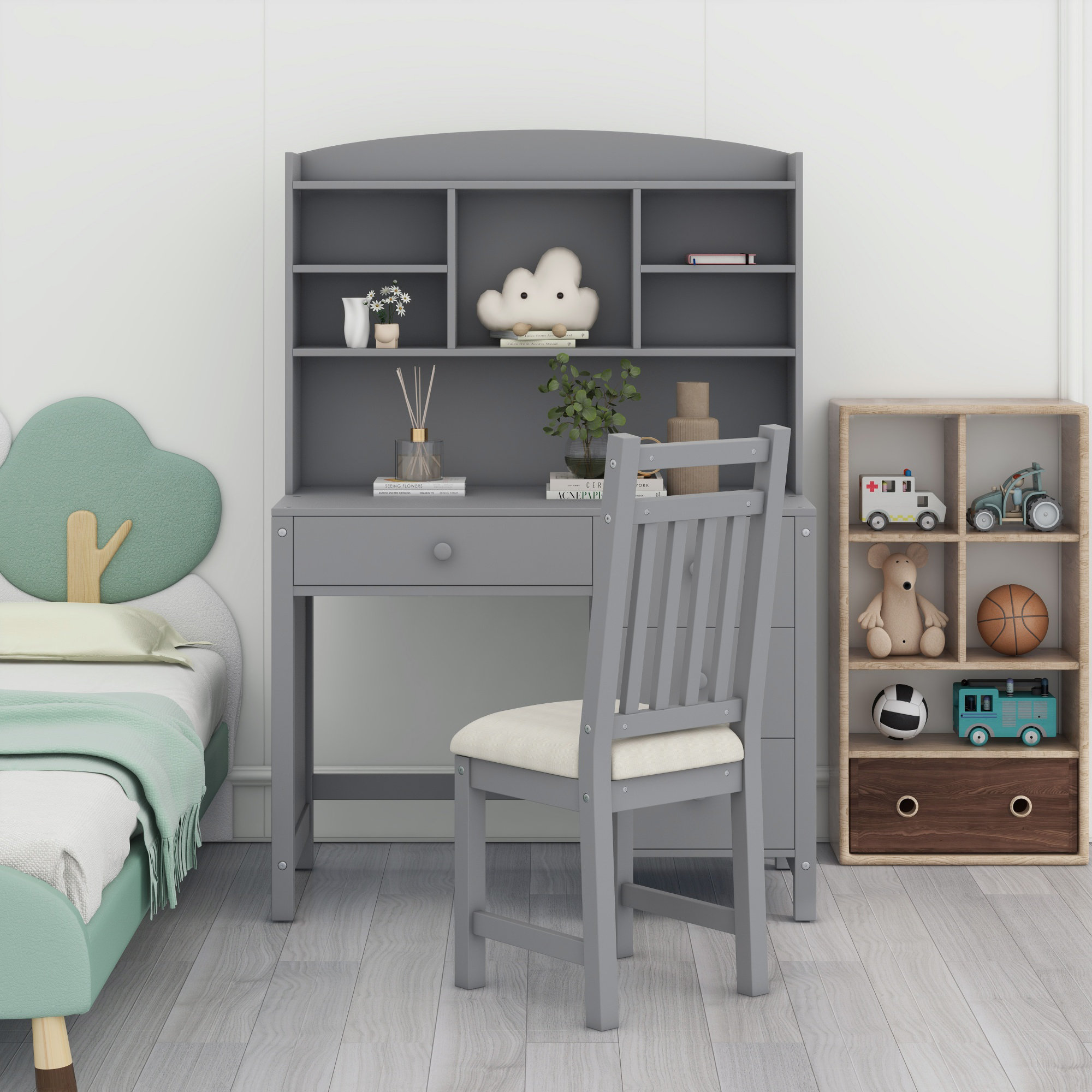 Lark Manor Home Executive Desk And Upholstered Chair Set With Bookshelf ...