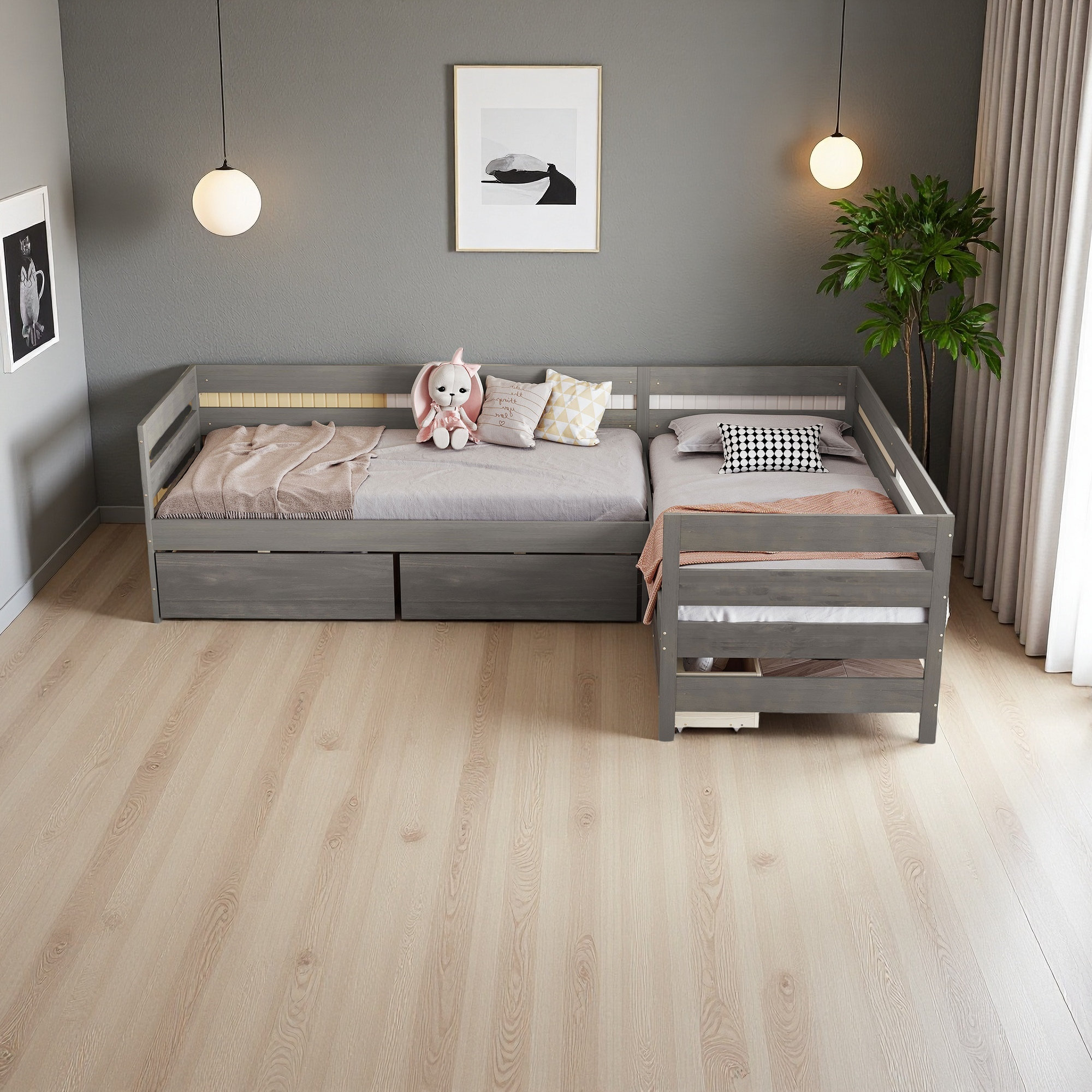 Lark Manor™ Twin Size L-Shaped Platform Bed With Three Storage Drawers ...