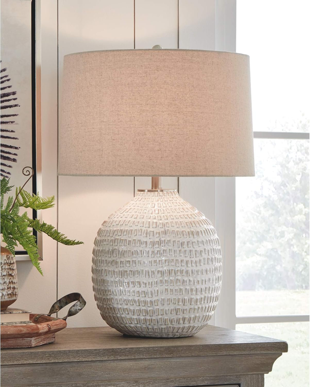 Orren Ellis Contemporary Round Textured Ceramic Table Lamp With Fabric ...