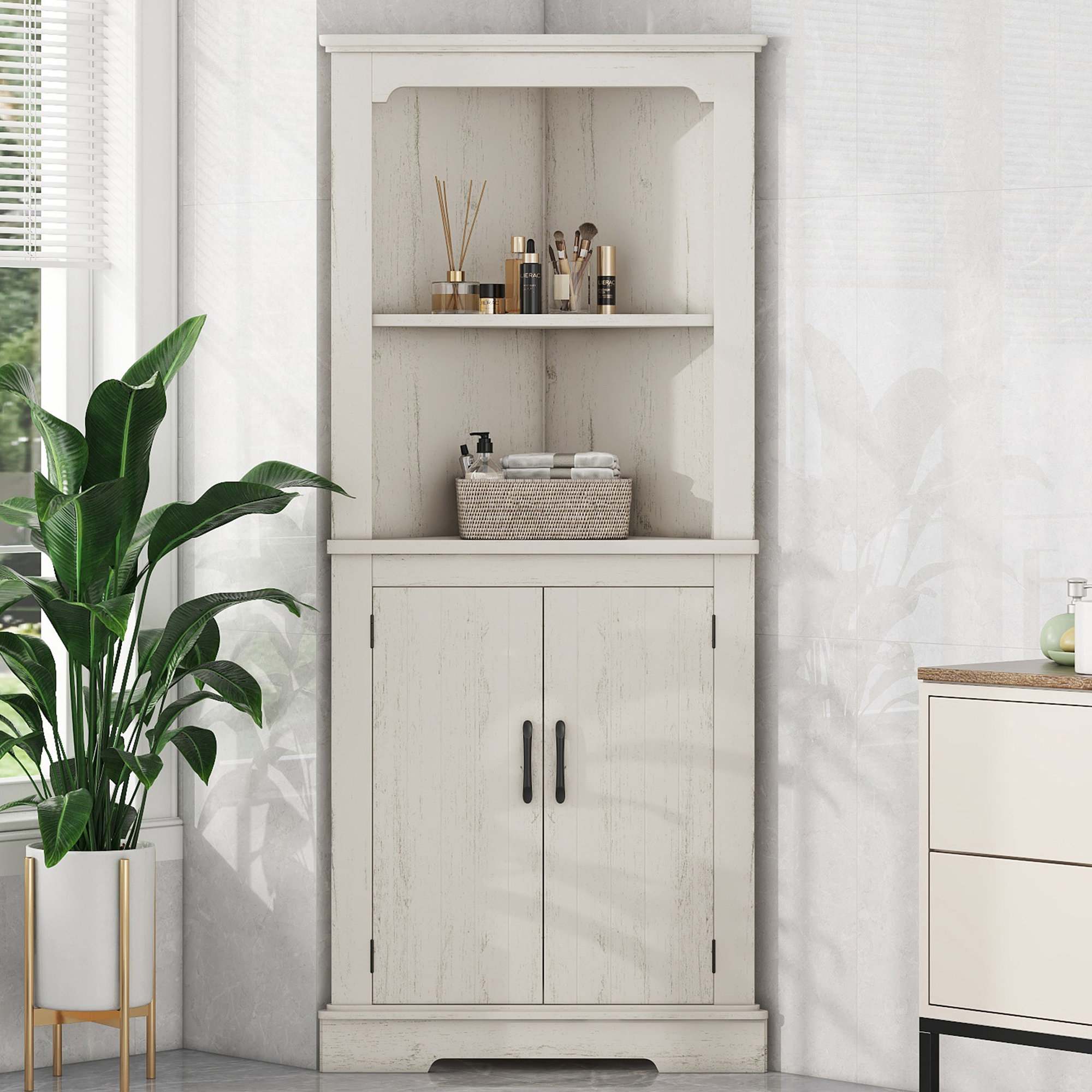 Red Barrel Studio® Freestanding Corner Bathroom Linen Cabinet | Wayfair