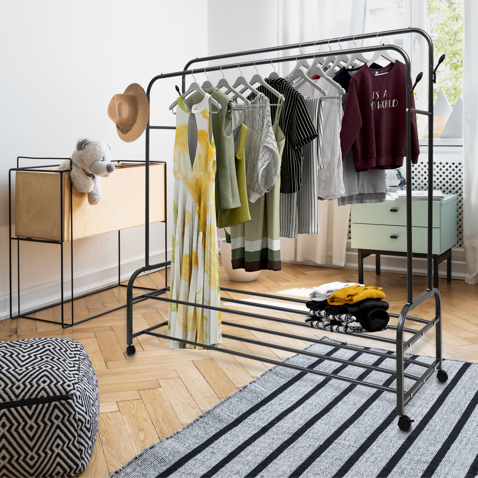 17 Stories Double-Layer Double-Track Closet Clothes Rack with Side ...