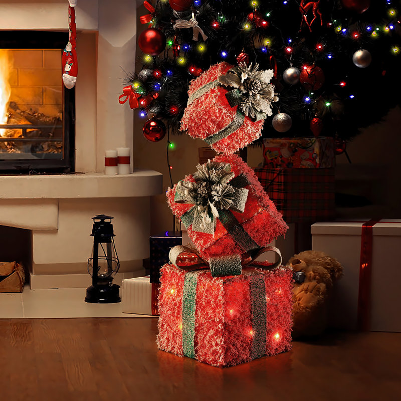 The Holiday Aisle® Red Frosted Gift Boxes with Battery Operated Lights ...