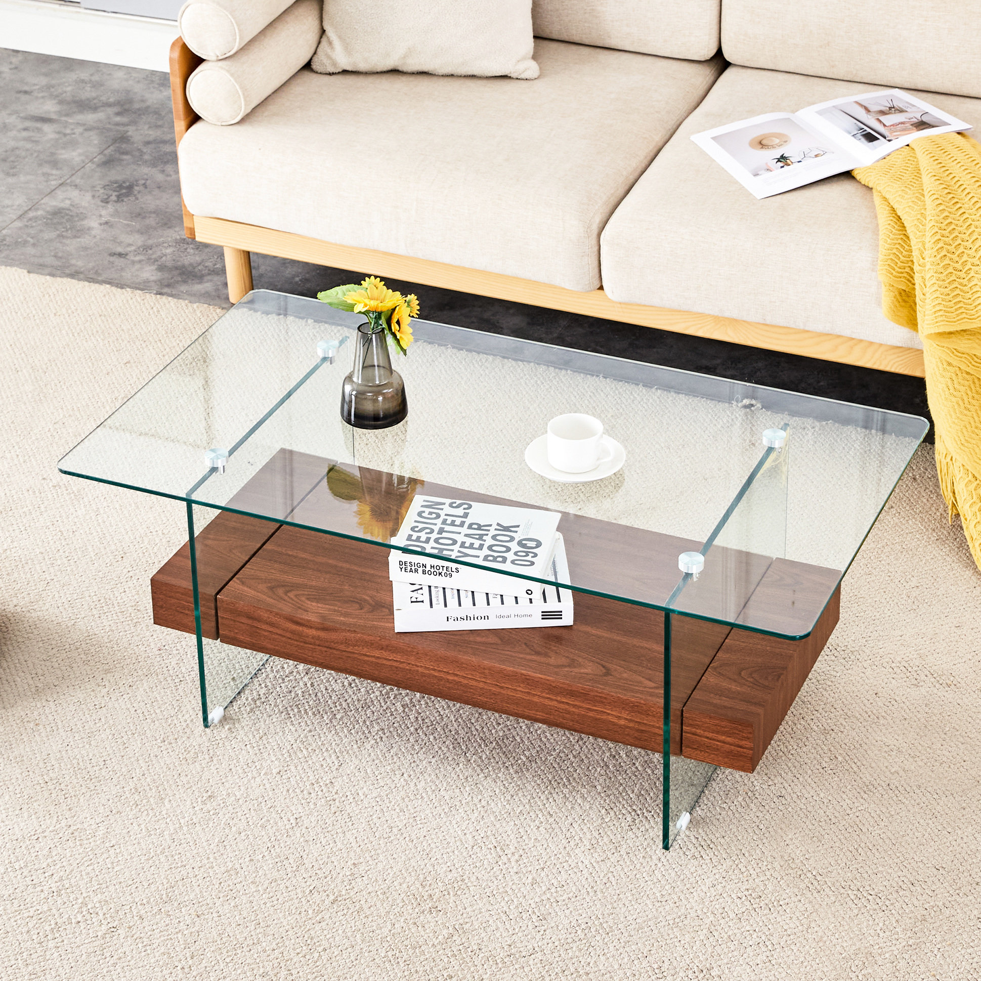 Wrought Studio™ 43.3-Inch Coffee Table With Dual-Layer Tempered Glass ...