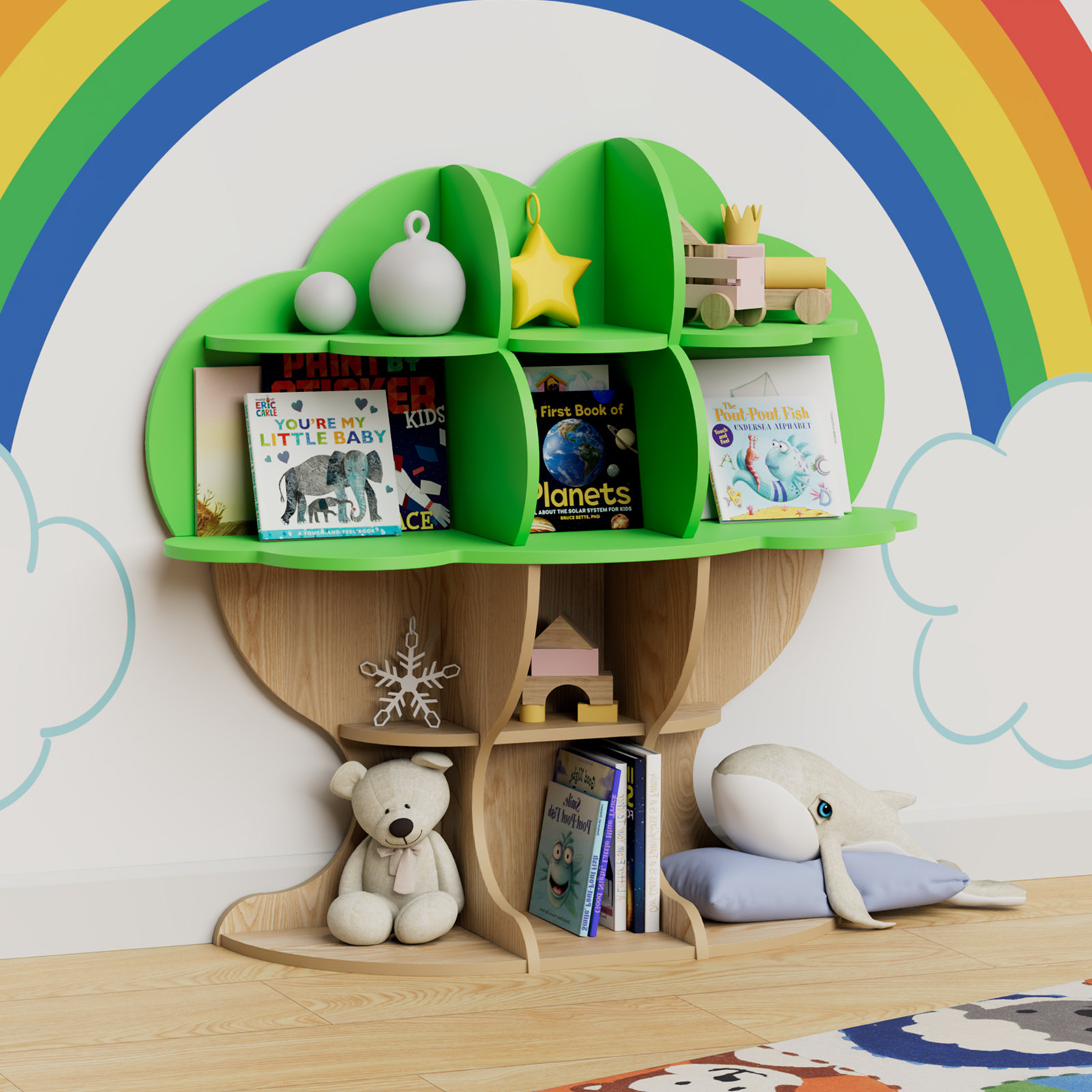 Lark Manor™ Genivive Tree Kids Bookshelf, Wood Bookcase, 12-Cubby ...