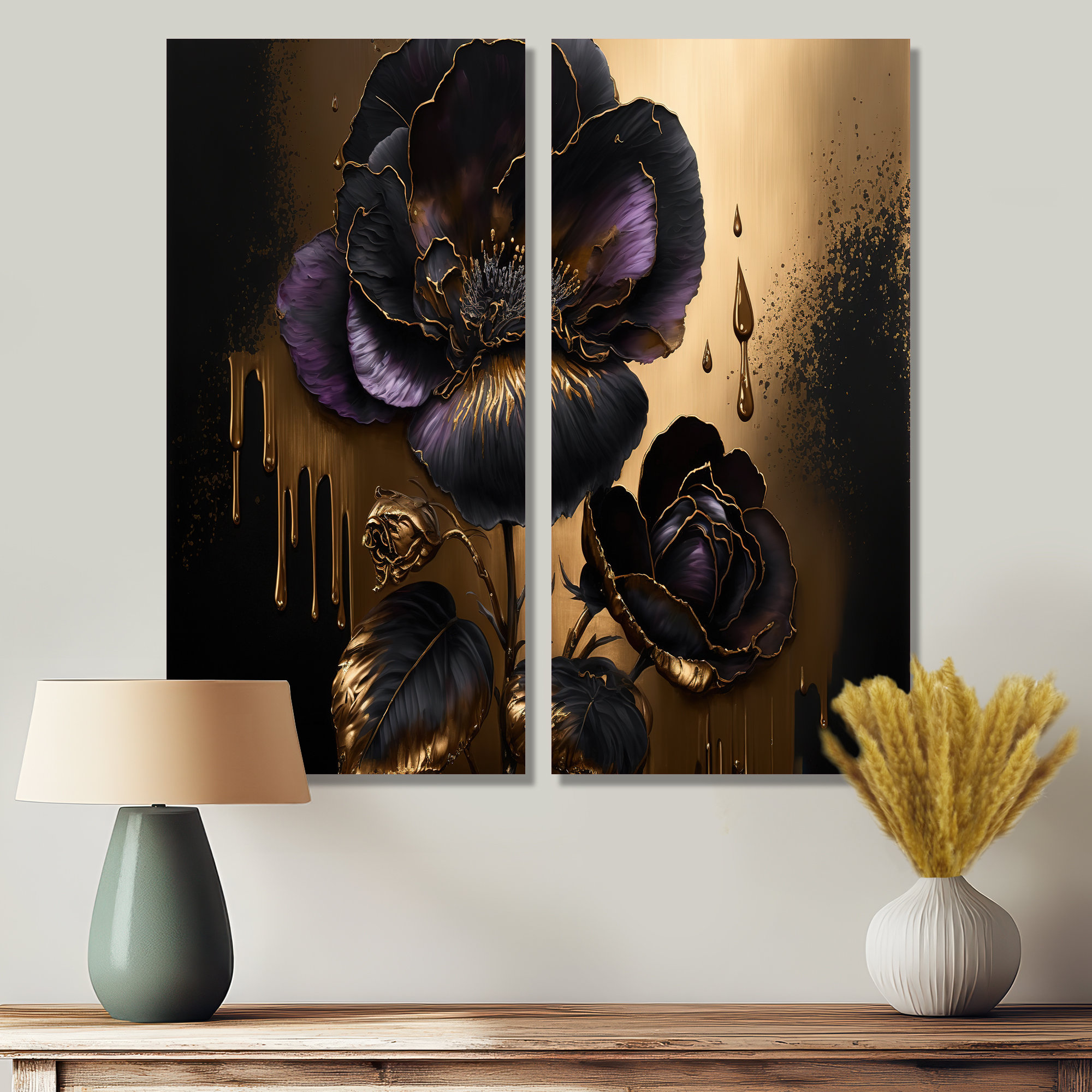 House of Hampton® Black And Gold Violets II - Large Violet Canvas Wall ...