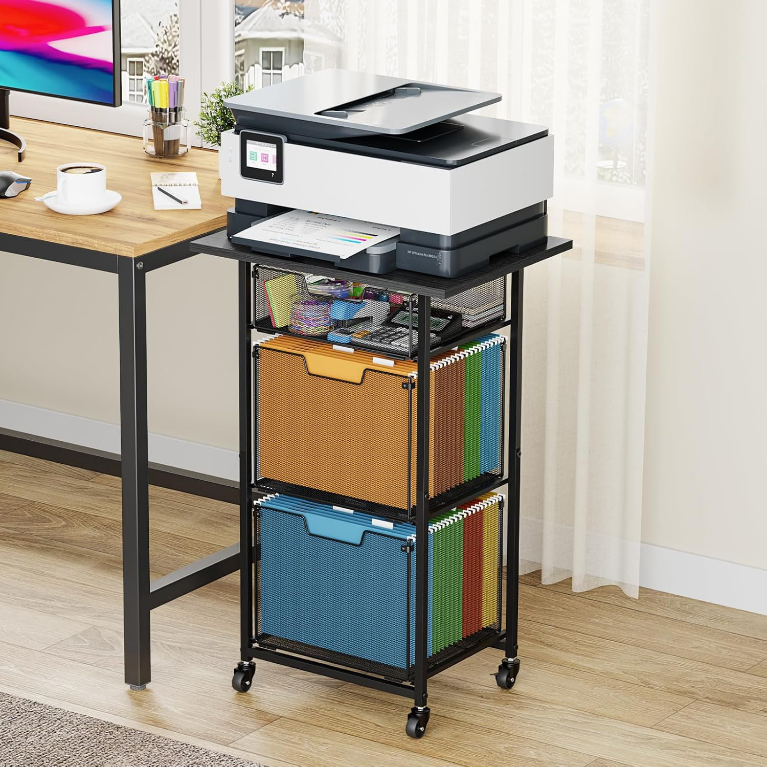 BY Family Heavy-Duty Rolling Printer Stand With Storage Drawers And ...