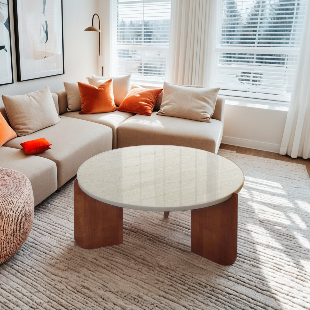 Ivy Bronx Elegant Round Travertine Texture Coffee Table – 30” Stone ...