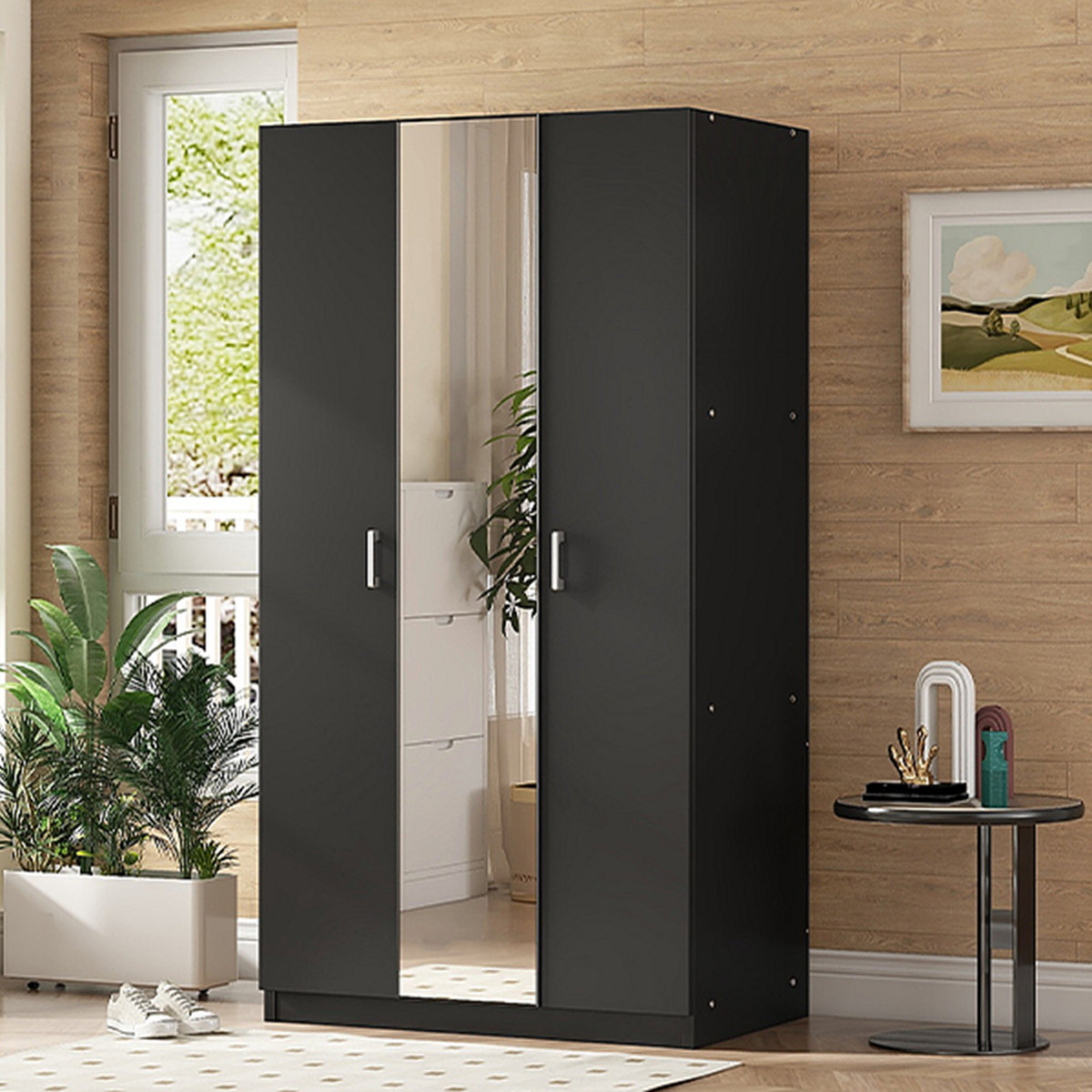 Builddecor 3 Door Wardrobe With Mirror, Armoire With Hanging Rod And 3 ...