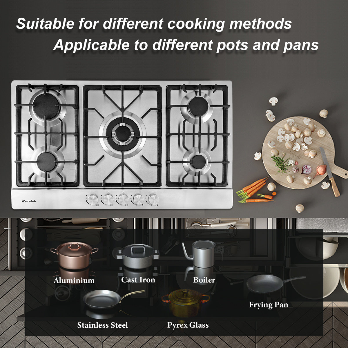 Weceleh 34" Gas Cooktop with Dual Size Power Burner Dual Fuel 5 Burner ...