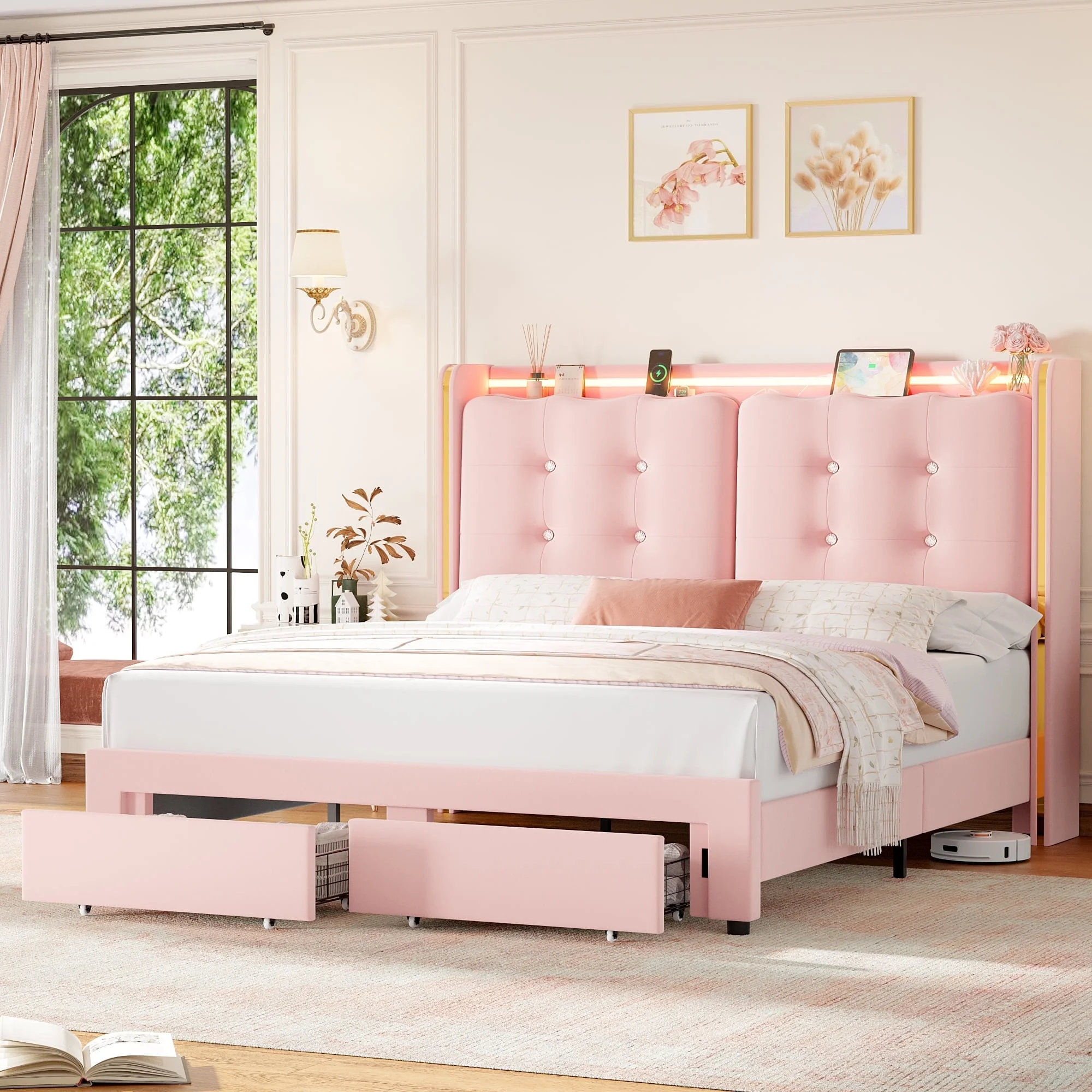 Everly Quinn 👑 Pink Velvet LED Bed Frame with Storage Drawers, Princess ...