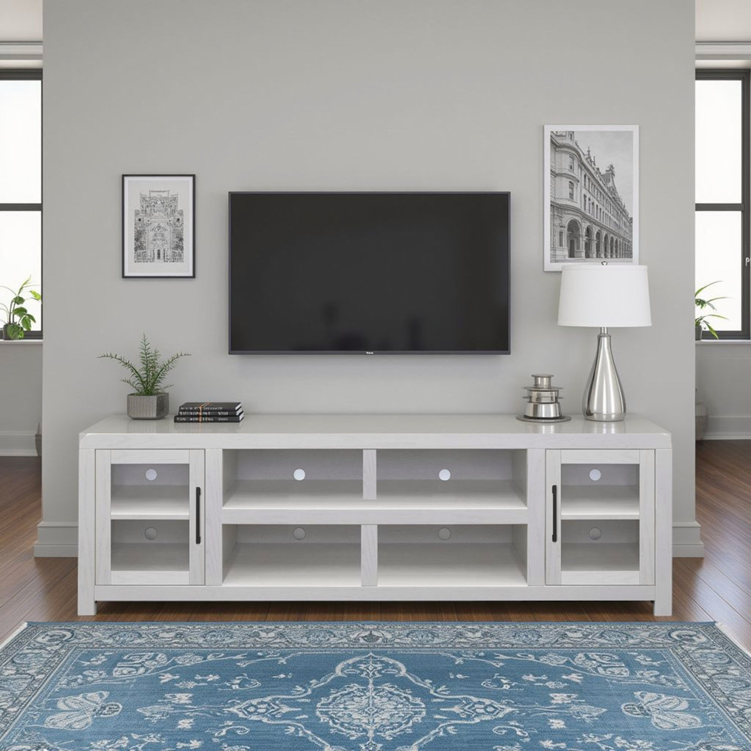 Rosecliff Heights Haven 82 inch TV Stand with Glass Doors, for TVs up ...