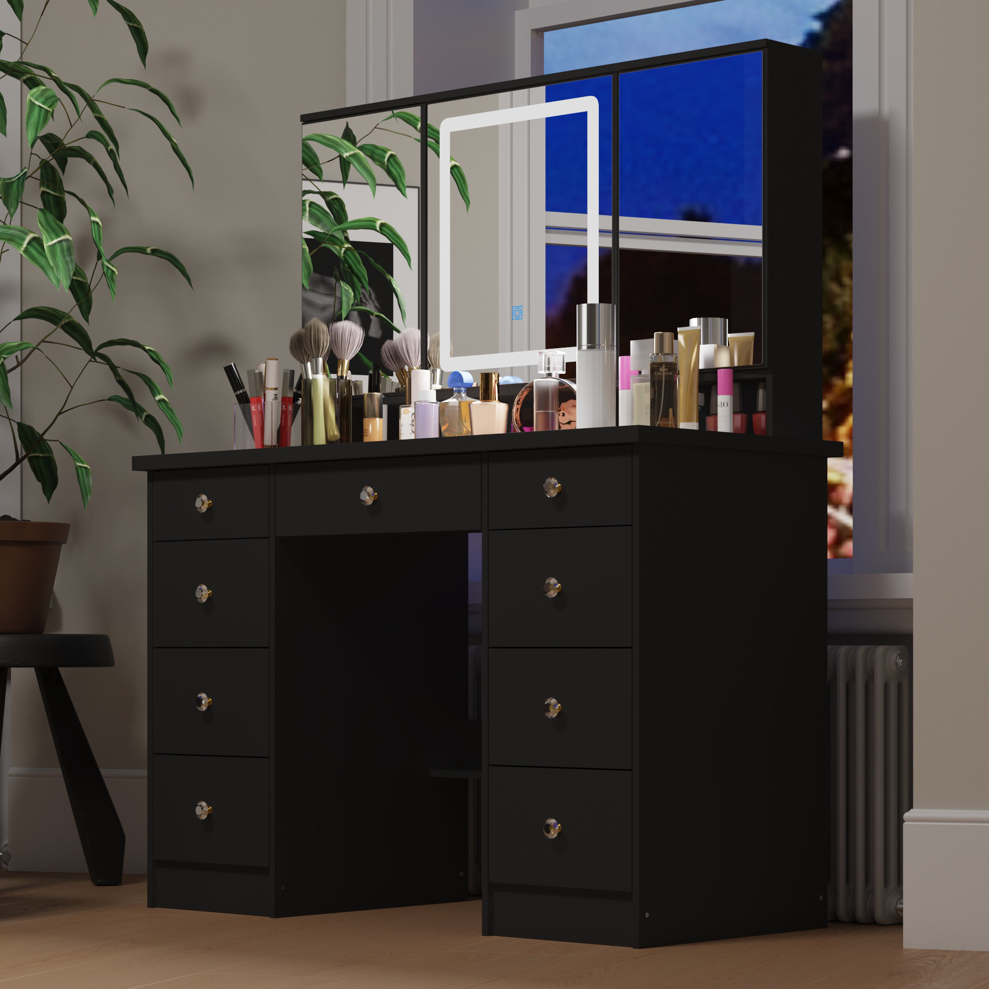 Latitude Run® Makeup Vanity Desk With Fold Mirror And Adjustable Lights ...